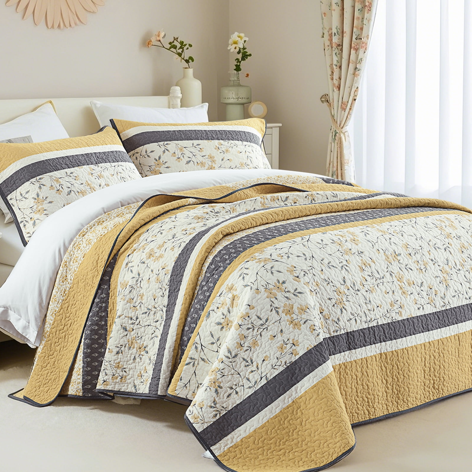Bedduvit Quilts for King Bed - Yellow Beige Gray Floral King Quilts ...