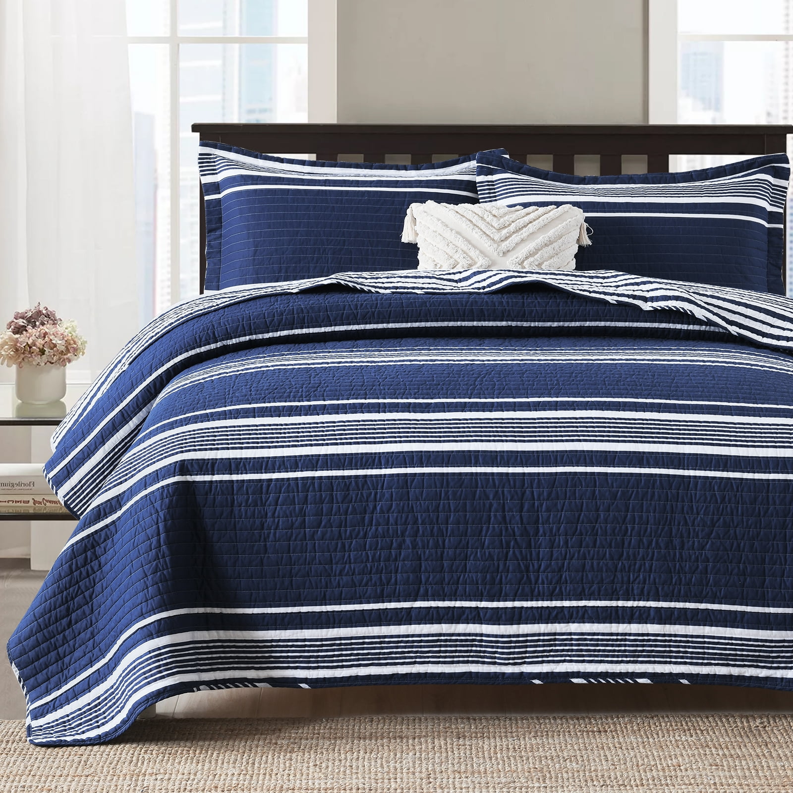 Bedduvit Striped King Size Quilt - 100% Cotton Navy Blue White Striped ...