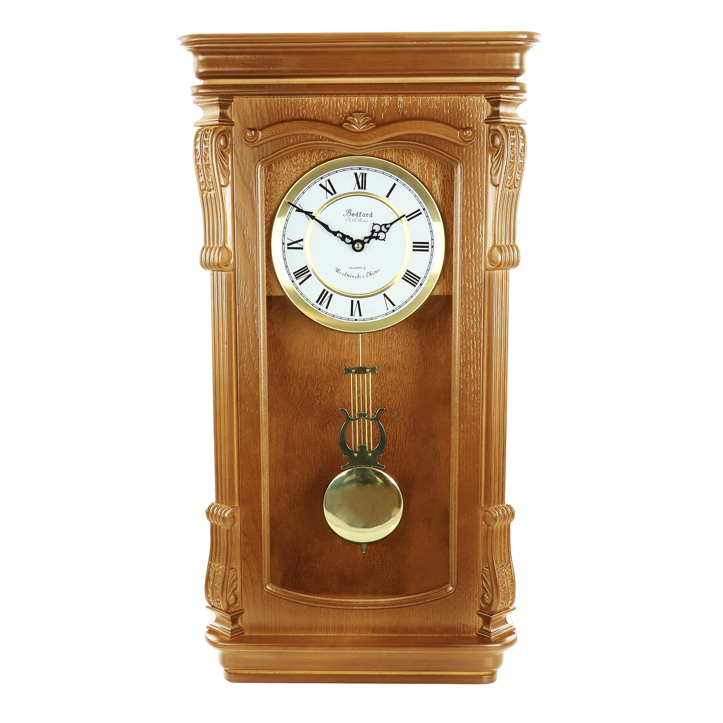 Bedford Clock Collection Golden Oak Chiming Pendulum Wall Clock ...