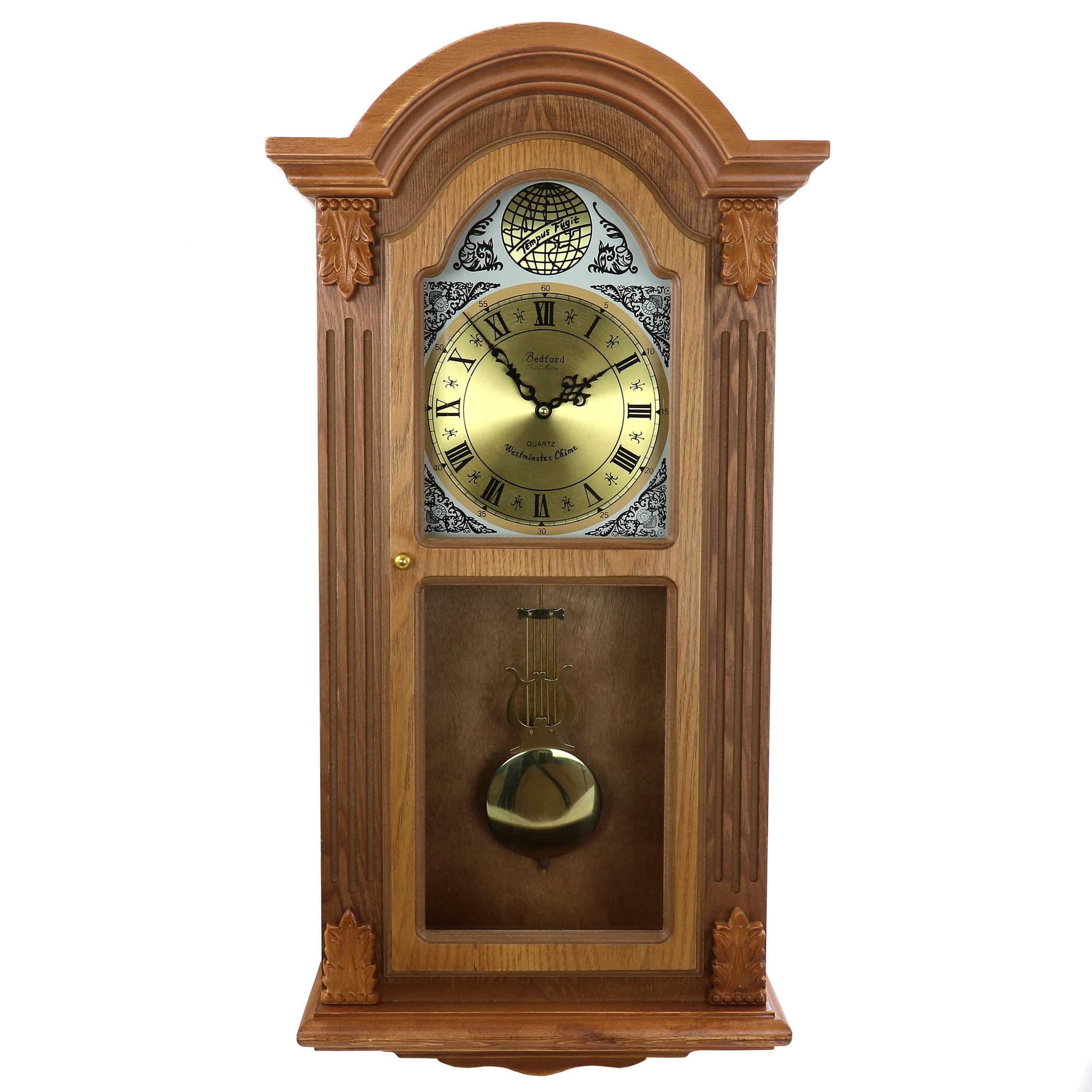 Bedford Honey Oak Chiming Pendulum Wall Clock, Multiple Chime Options, Metal Dial, Swinging ...