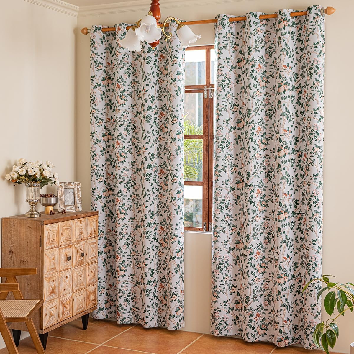 Bedroom 100% Blackout Floral Curtains, Green Leaf Fruit Pattern ...