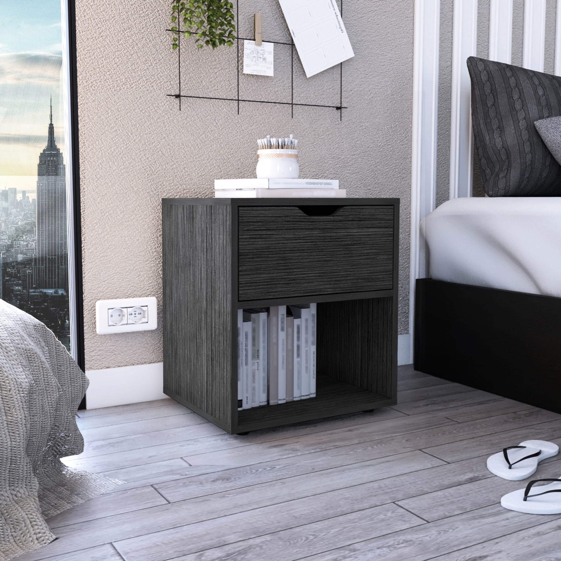 Bedroom 19.7-inch Nightstand With Open Shelf And Drawer In Gray Tone ...