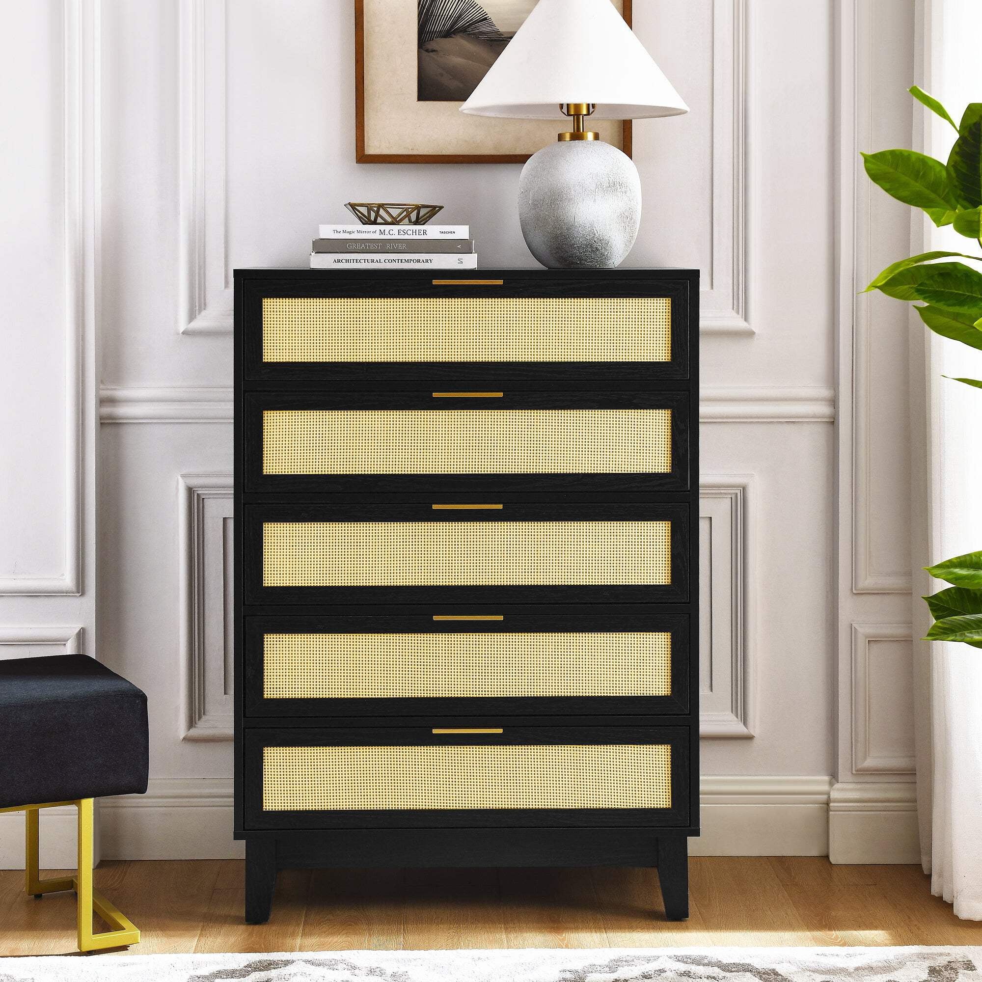 Bedroom 5 Drawer Dresser, Rattan Dresser Modern Wooden Chest Of Drawers ...