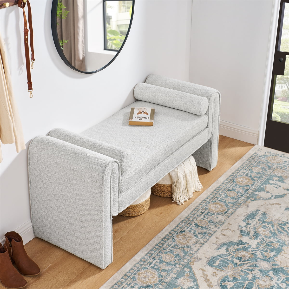 Bedroom Arm Bench, 50" Linen Rolled Arm Bedroom End of Bed Storage ...