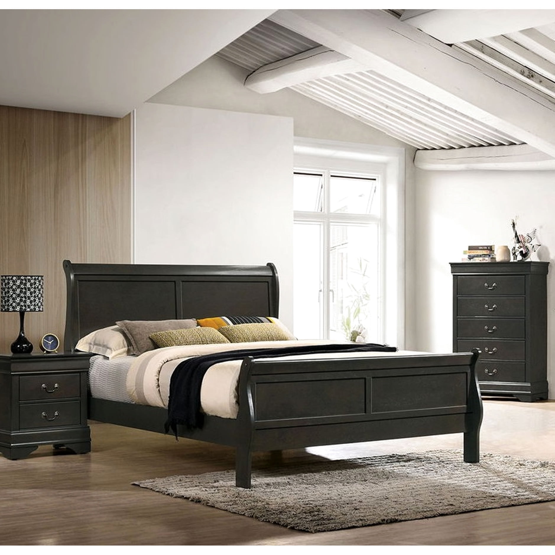 Bedroom Bed, Queen, Solid Wood Gray Finish Modern Queen Element ...