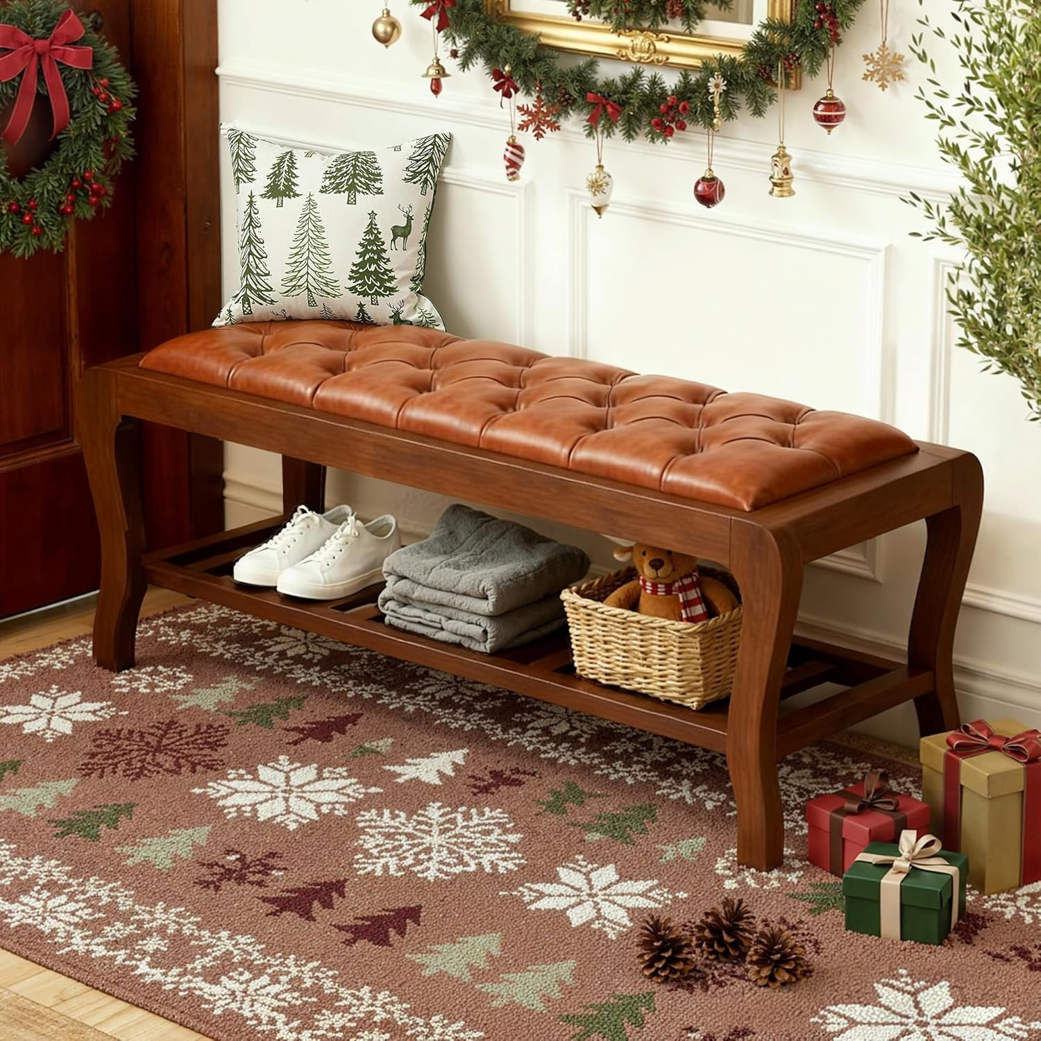 Bedroom Bench, 49" End of Bed Bench with Shelf, PU Leather Upholstered ...