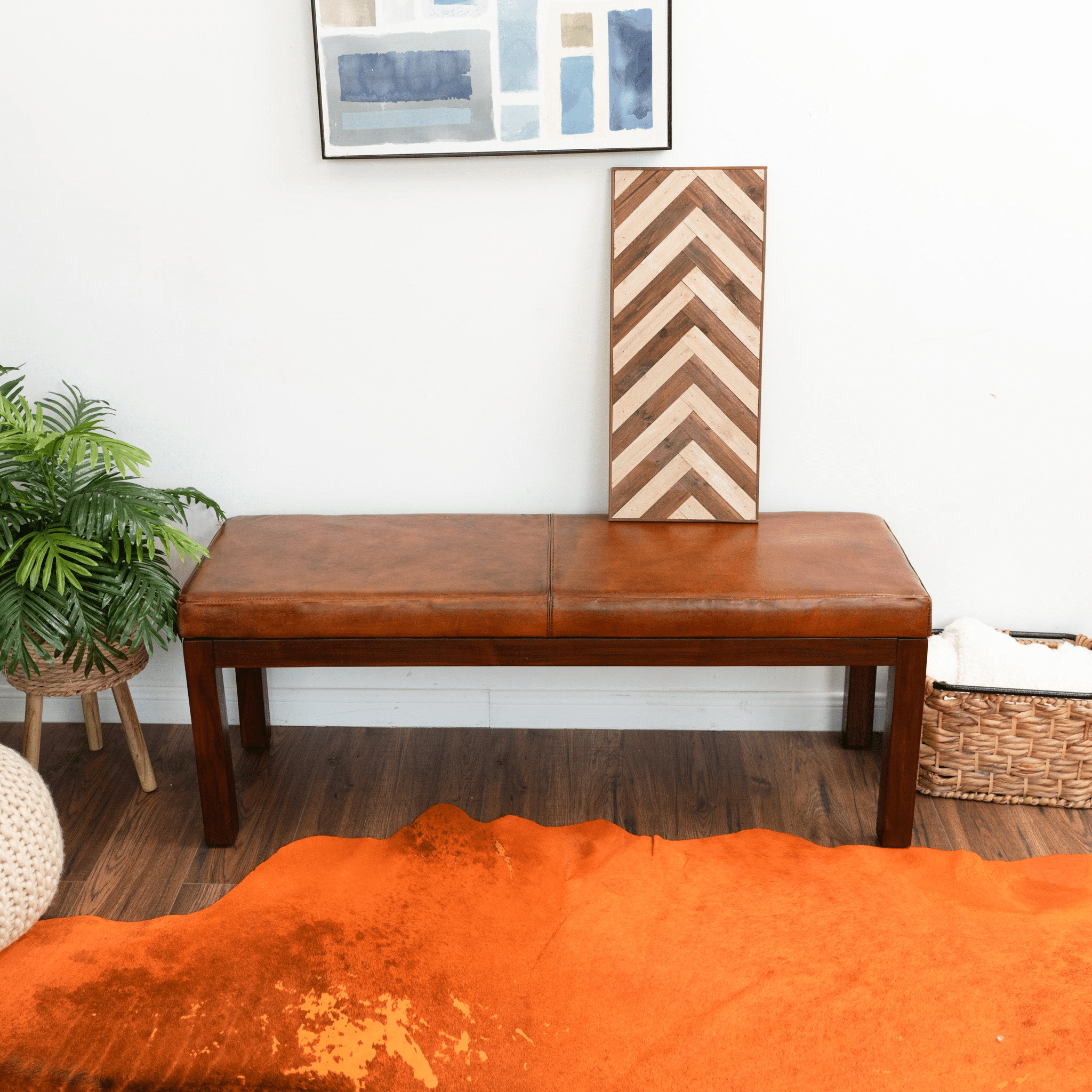 Bedroom Bench, Austin Antique Tan Leather Bench with Lines, Bedroom ...