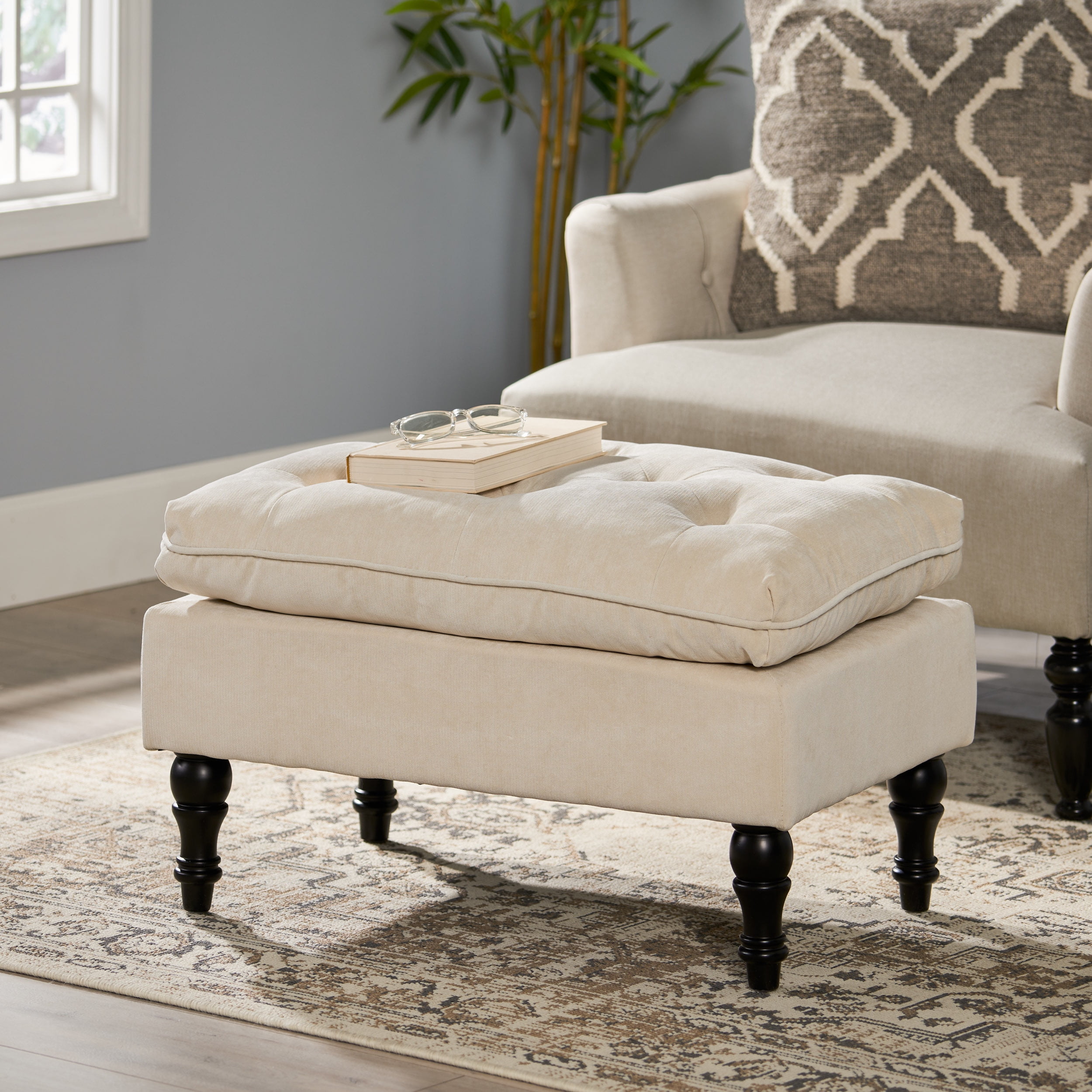 Lofton 28Inch Pillow Top Ottoman,Cream Fabric Furniture Bedroom Benches ...