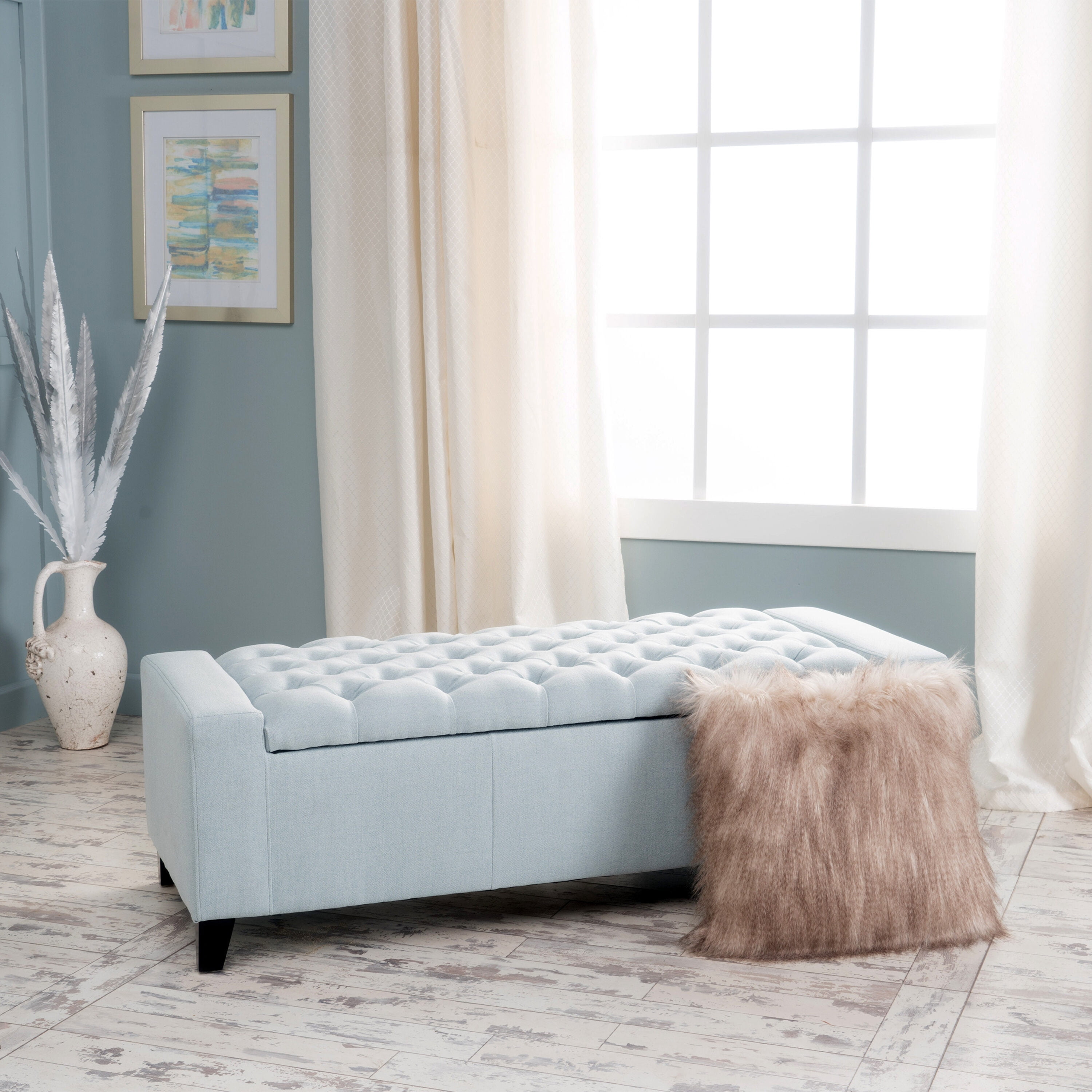 Bedroom Benches, GUERNSEY OTTOMAN, Blue Wooden Bedroom Benches,Fabric ...