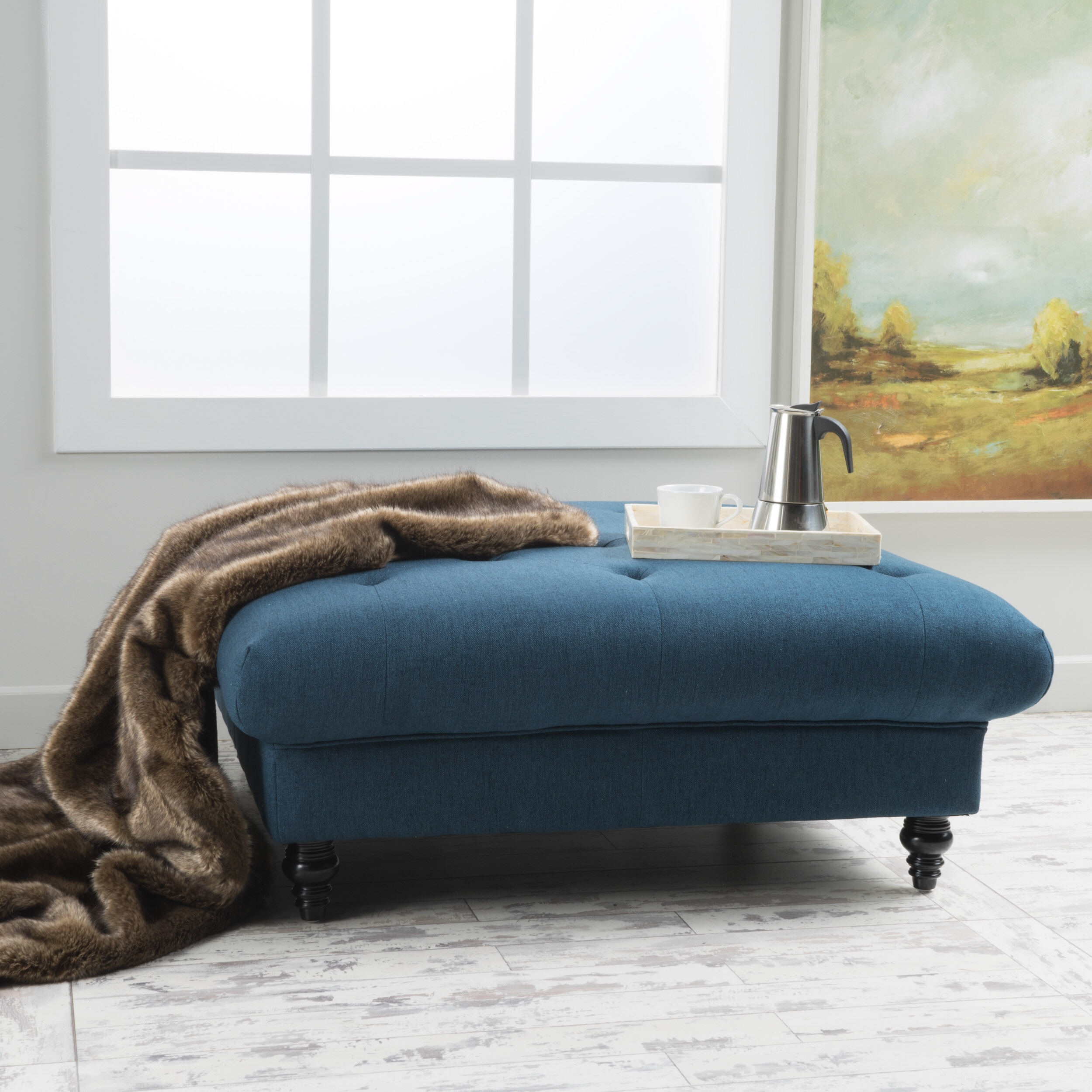 Bedroom Benches, MADRID KD TUFTED OTTOMAN, Navy Blue Wooden Bedroom ...