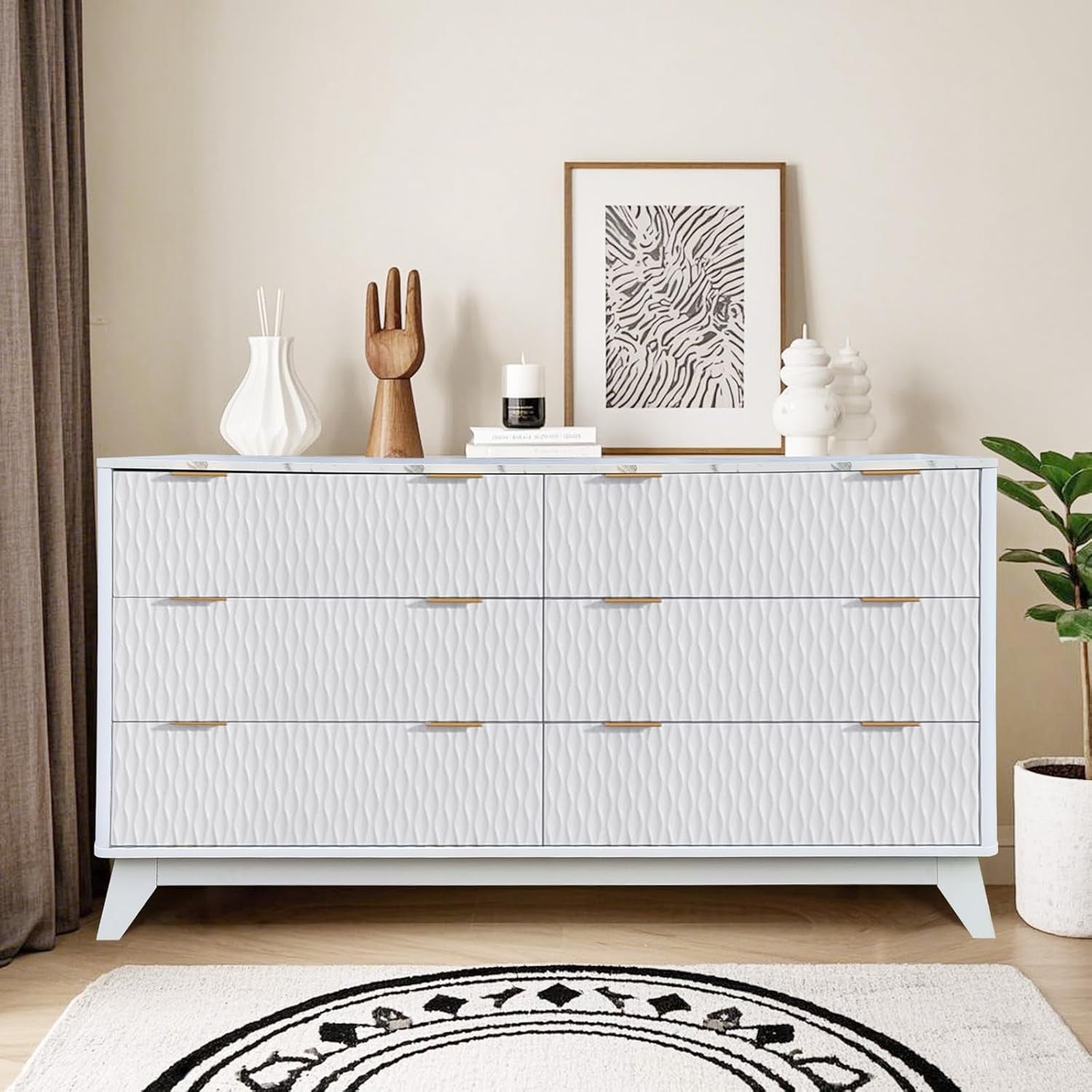 Bedroom Chest of Dresser Wood, 54" Drip Pattern Six-Drawer Chest, Wide ...
