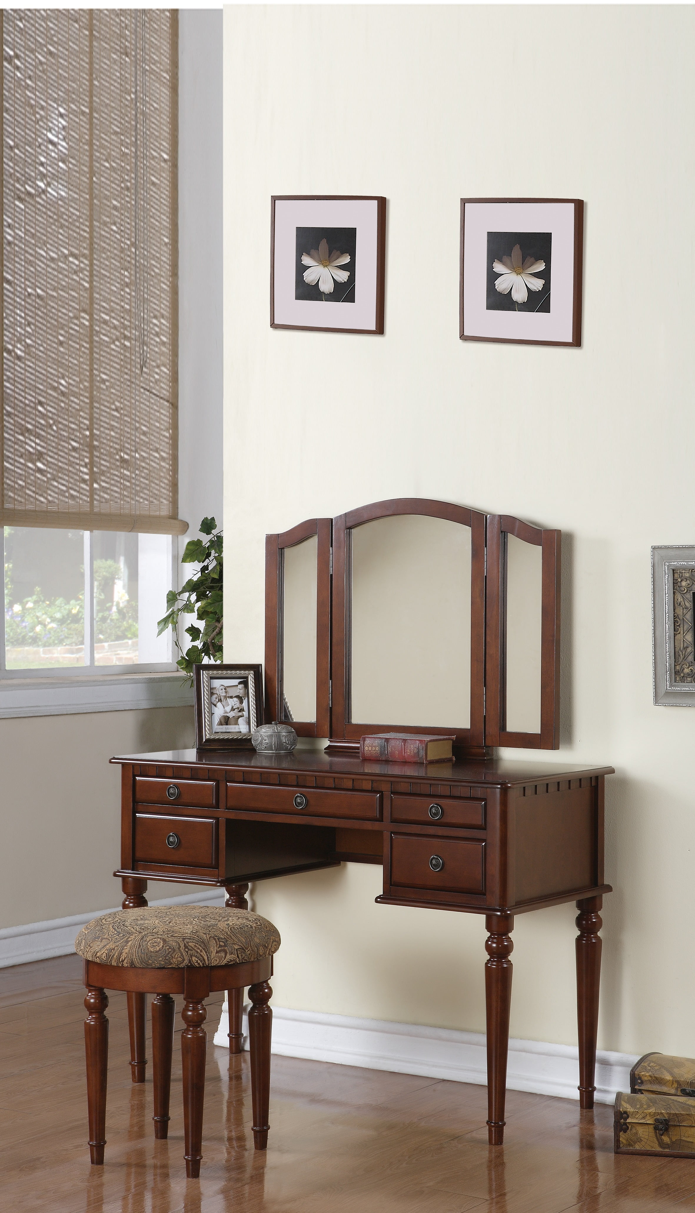 Bedroom Contemporary Vanity Set w Foldable Mirror Stool Drawers Cherry ...