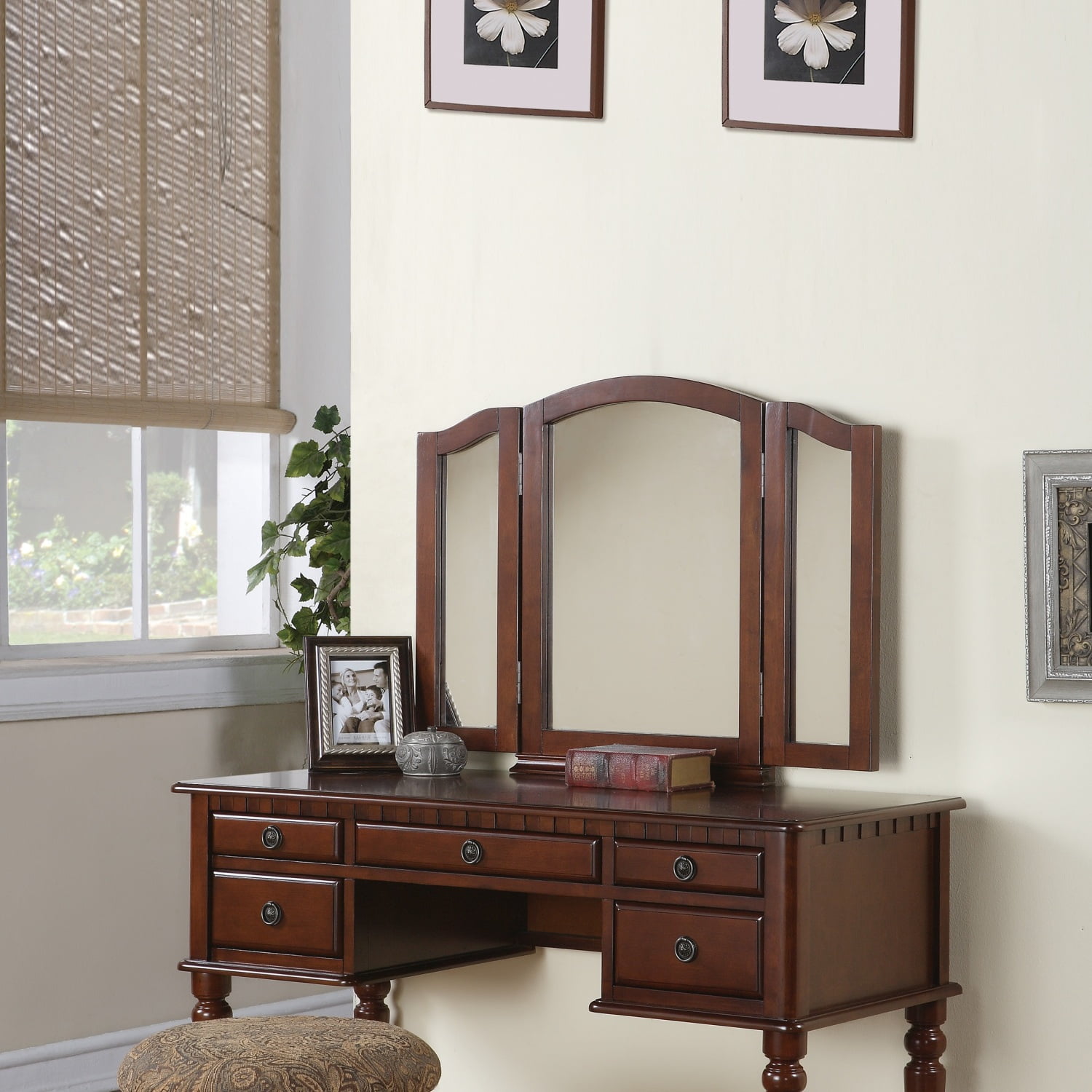 Bedroom Contemporary Vanity Set w Foldable Mirror Stool Drawers Cherry ...