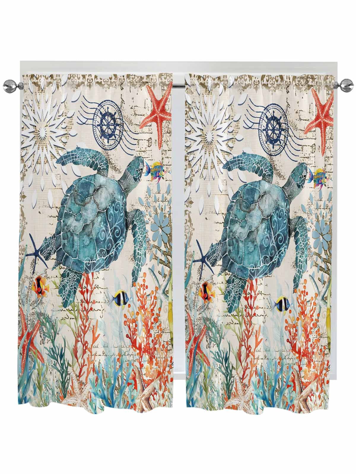 Bedroom Curtains 63 Inches length, Sea Turtle Coastal Window Treatment ...