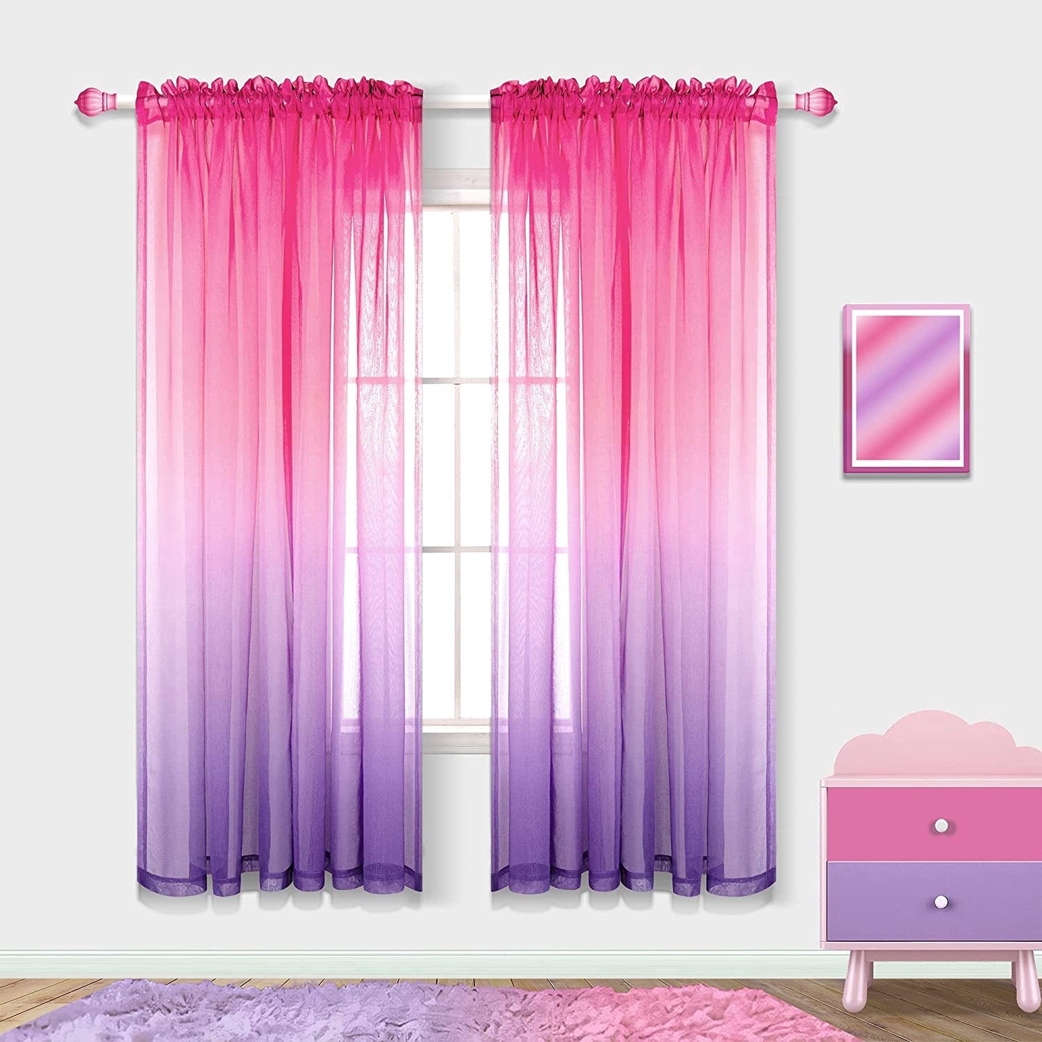 Bedroom Curtains 63 inch Length Sheer Curtain Pink Purple Ombre ...