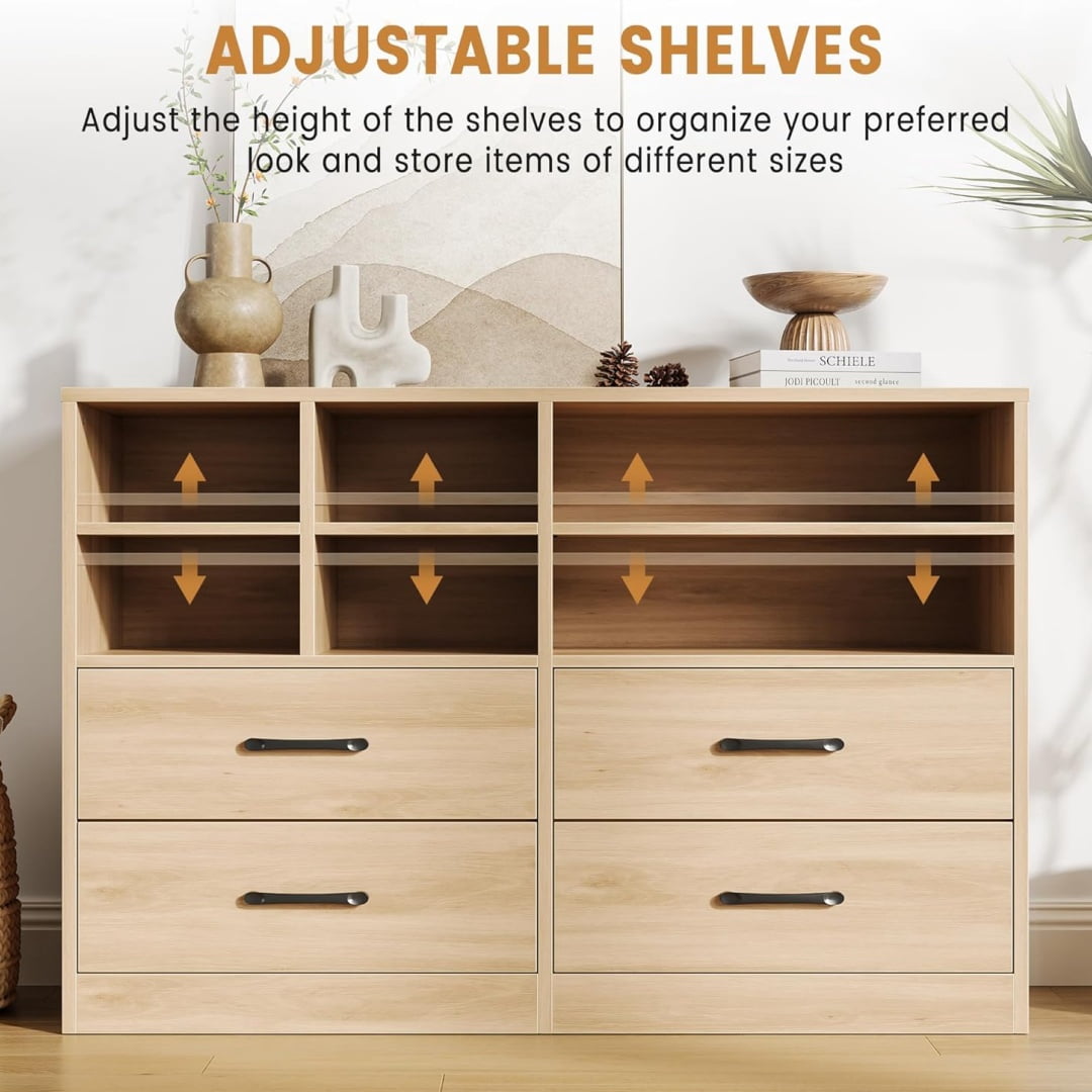 Bedroom Dresser with 4 Drawers & 6 Open Shelves, Modern Black Wooden ...