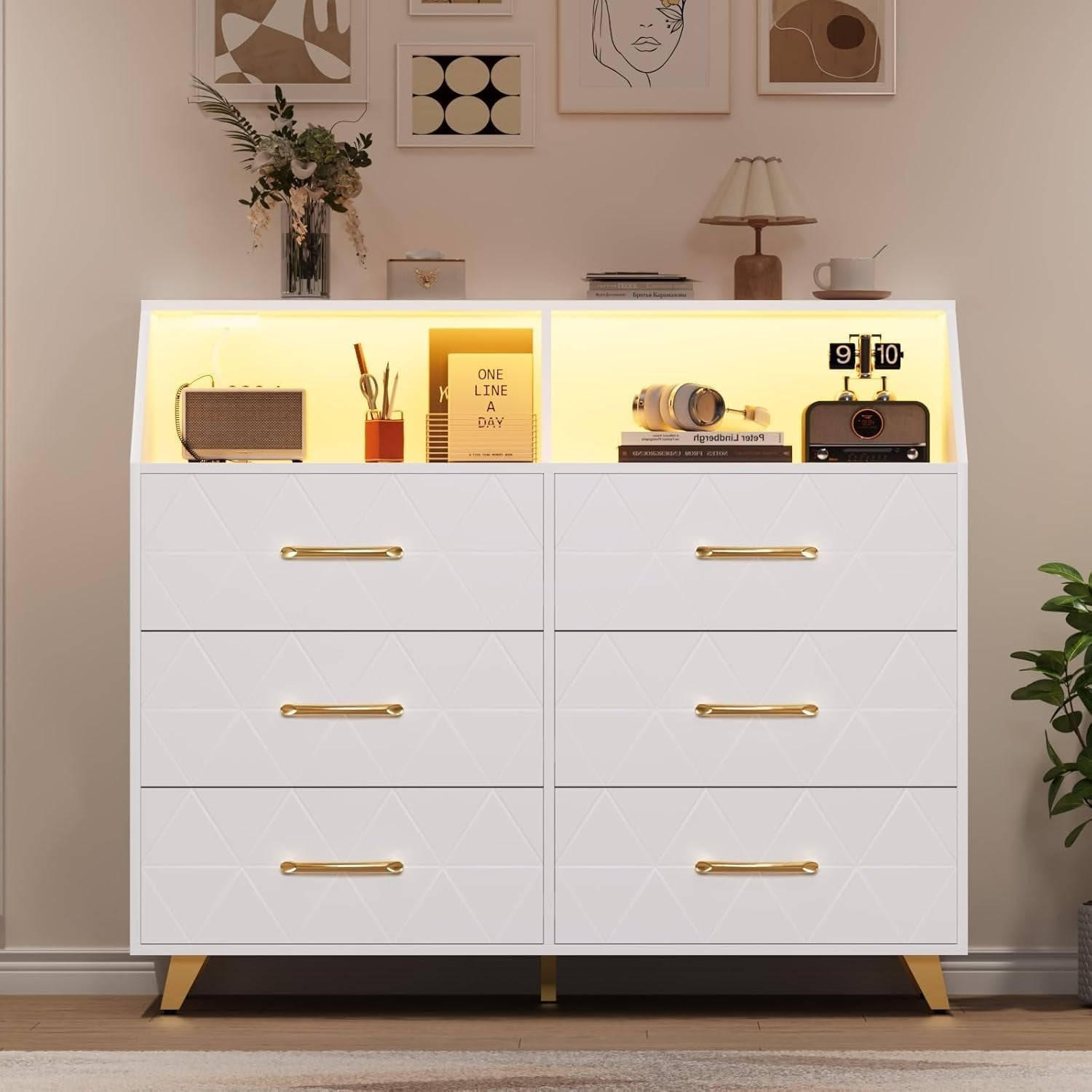 Bedroom Dresser with LED Lights & Charging Station, Wood 6 Drawer ...