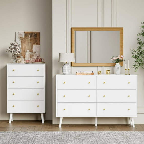 Bedroom Dresser Set of 2, White Wooden Dresser with 6 Drawers ...