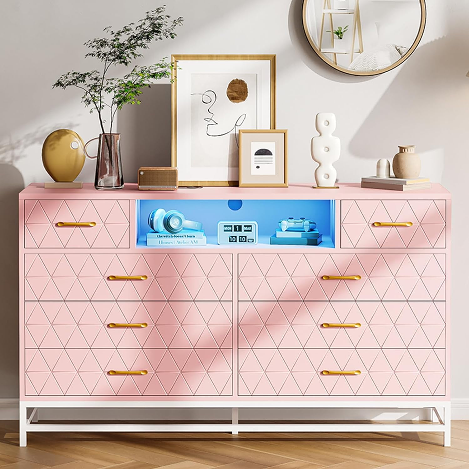 Bedroom Dresser with 8 Large Storage Drawers, Wood Dresser with LED ...