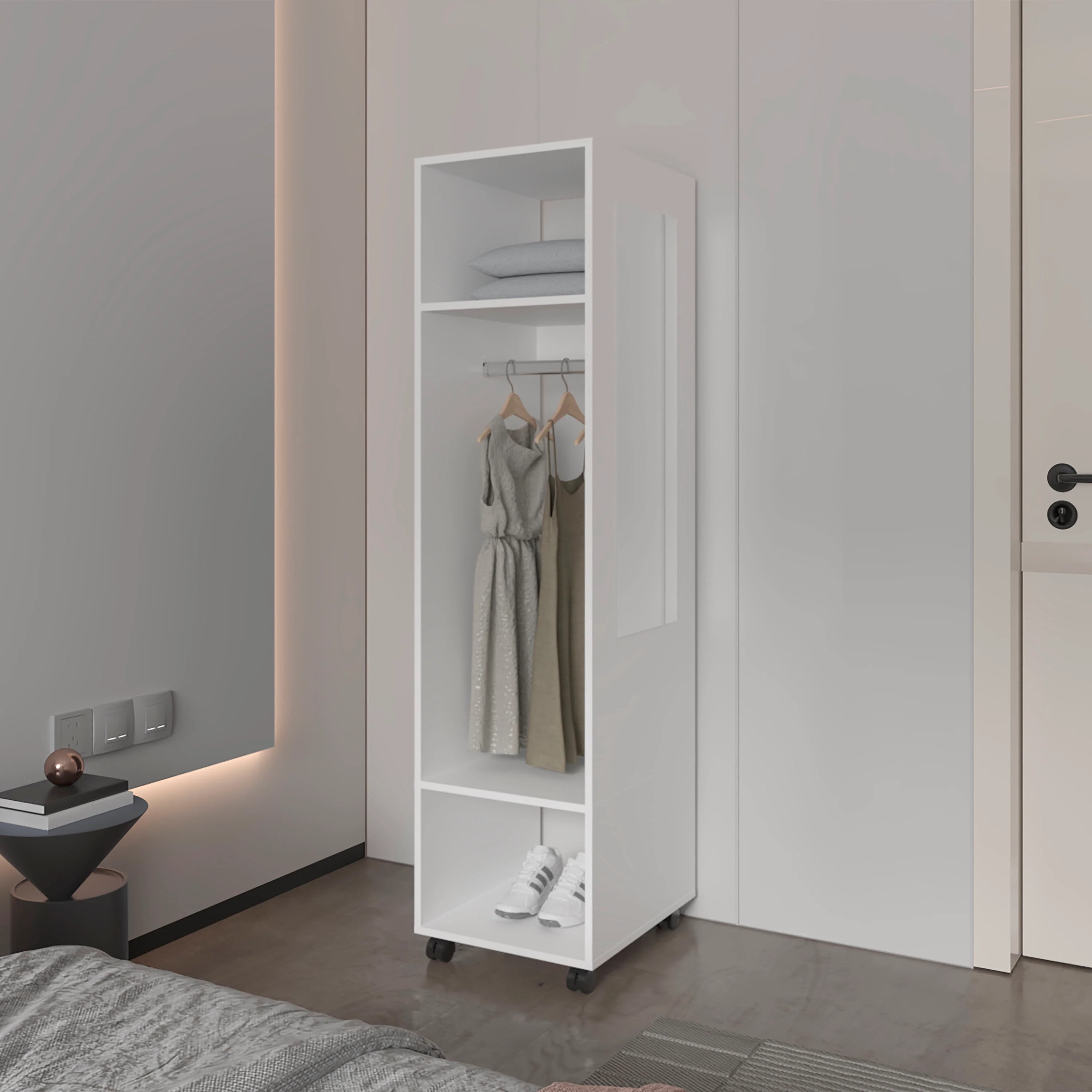 Bedroom Dressers White 3-Shelf Wardrobe with Mirror and Open Storage ...