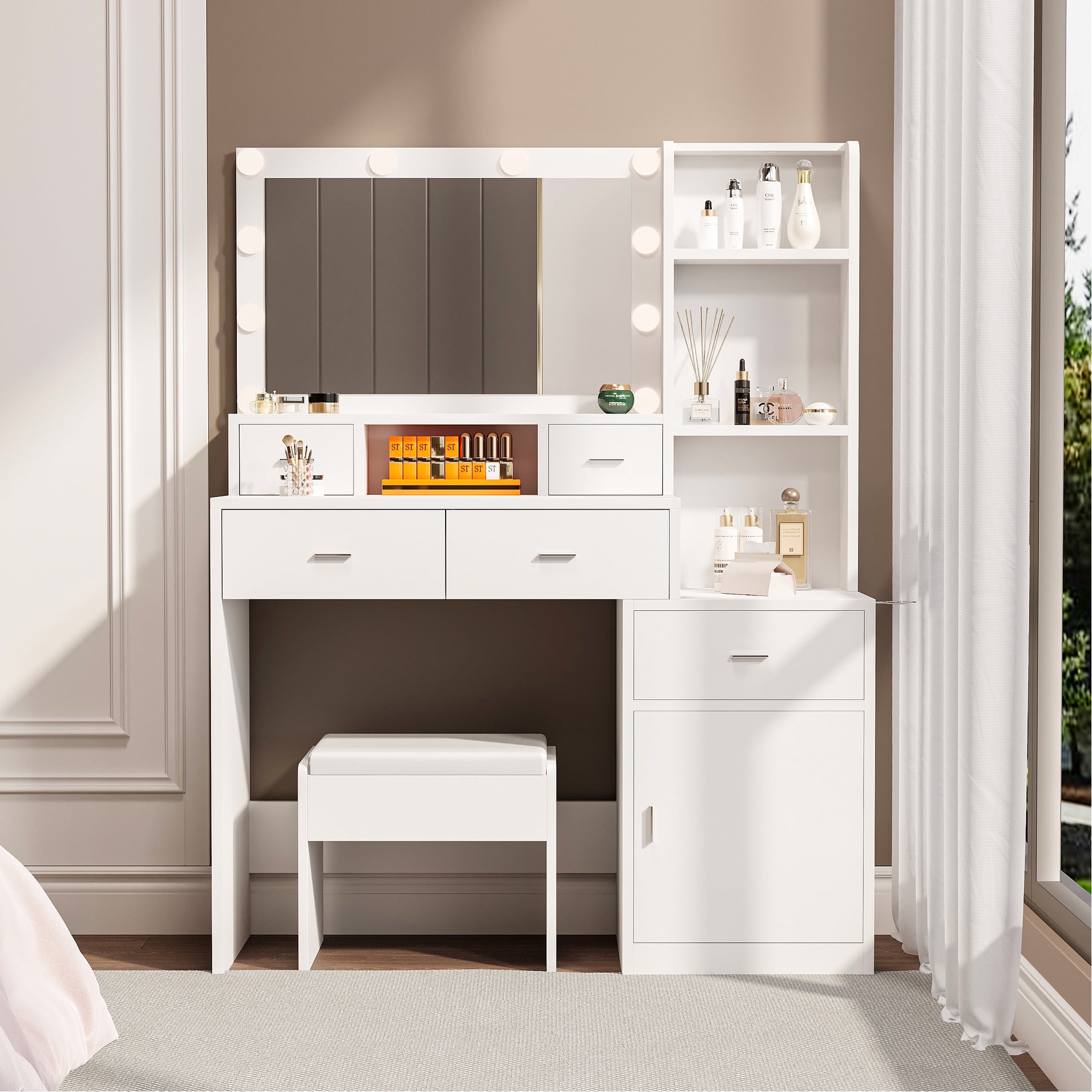 Bedroom Dressing Table With Mirror: Bulb, Drawers, Cabinet, Retro Style ...