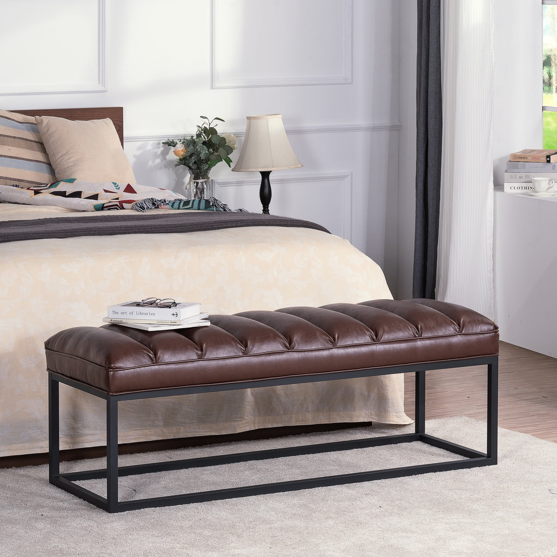 Bedroom Entryway Bench With Metal Base In Dark Brown - Pu Upholstery ...