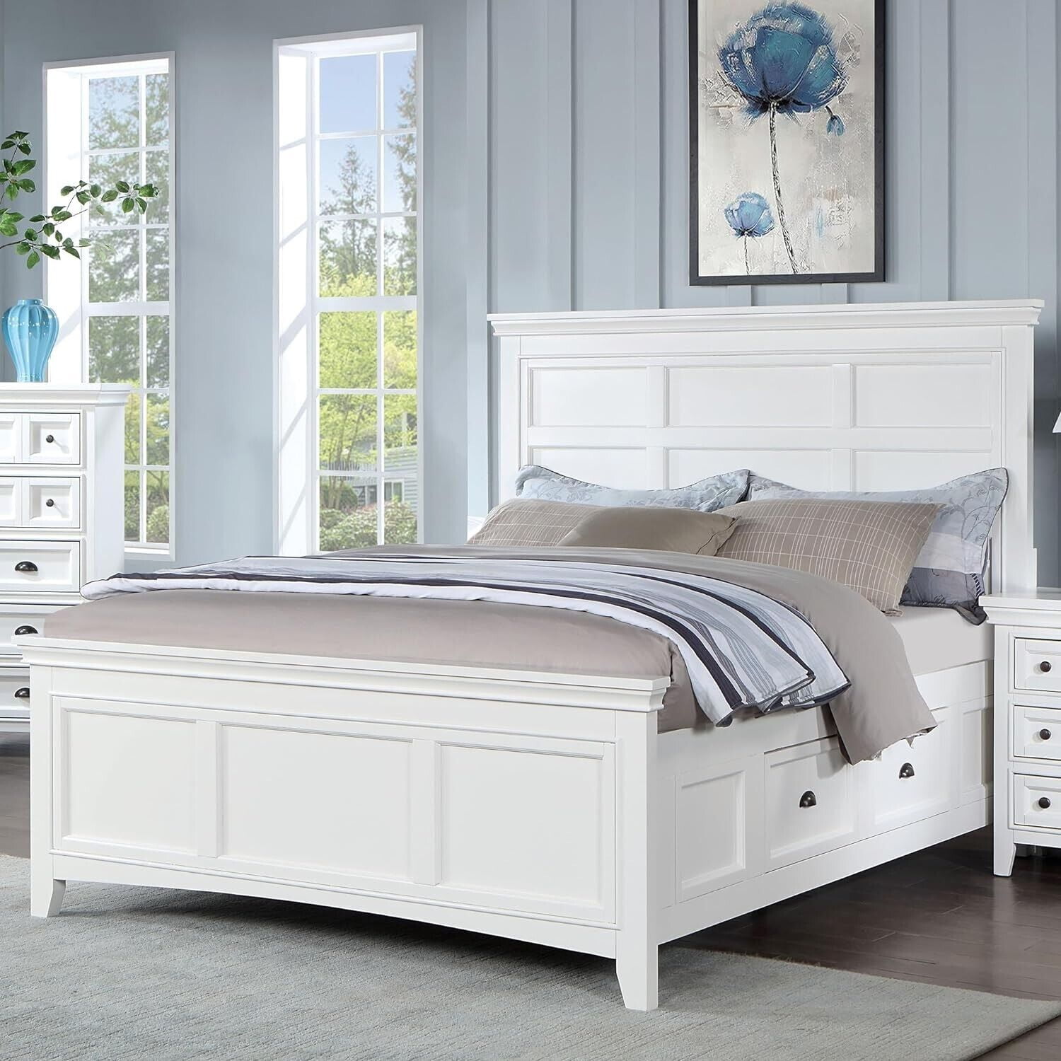 Bedroom Furniture 1pc Queen Size Bed White Solid wood Underbed Storage ...