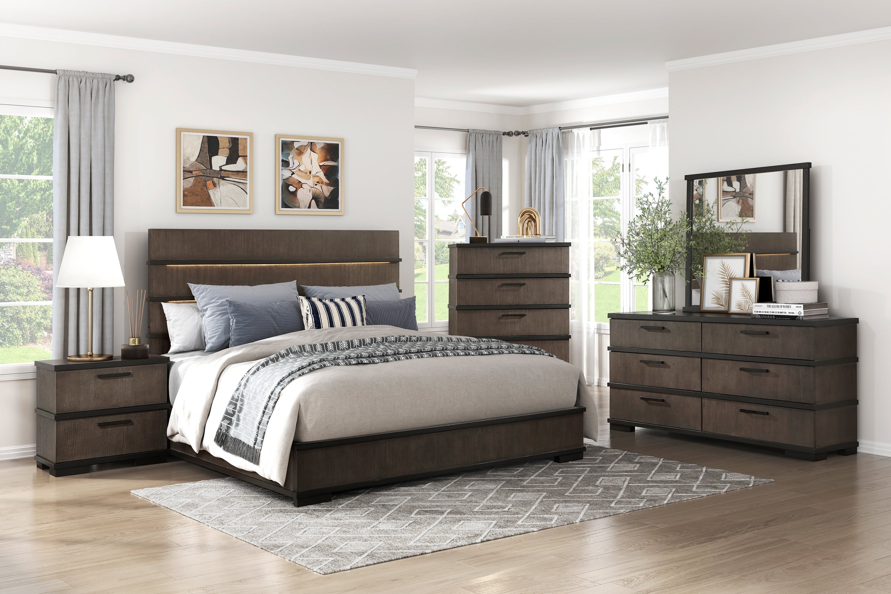 Bedroom Furniture 6pc Set King LED Bed Two Nightstands Dresser Mirror ...
