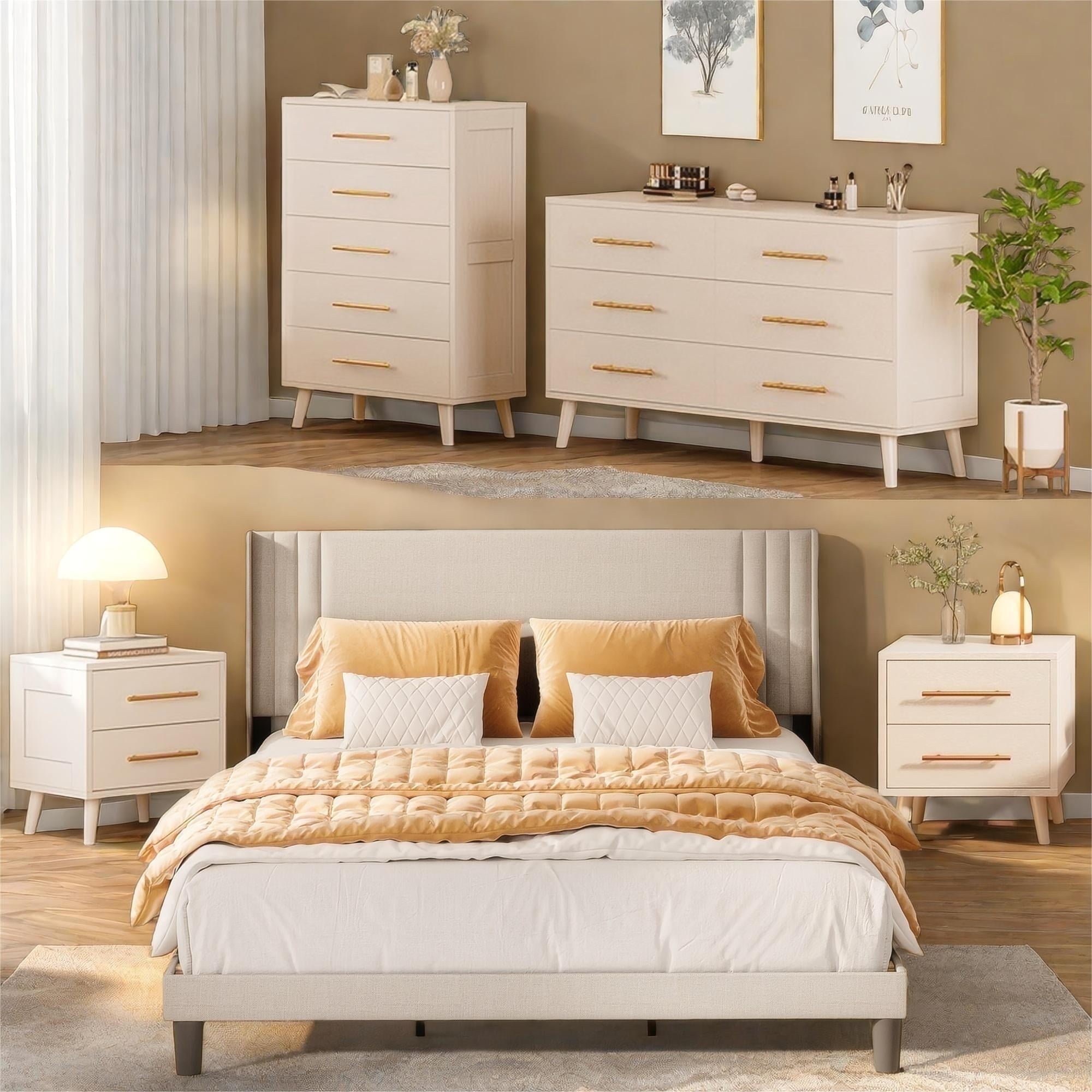 Bedroom Furniture Set - Includes Queen Bed Frame, Nightstands Set of 2, 5-Drawer Dresser ...