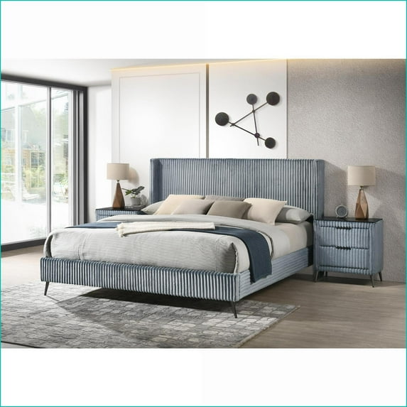 Bedroom Furniture Set, King Wingback Bed with 2 Nightstands, Navy Blue ...