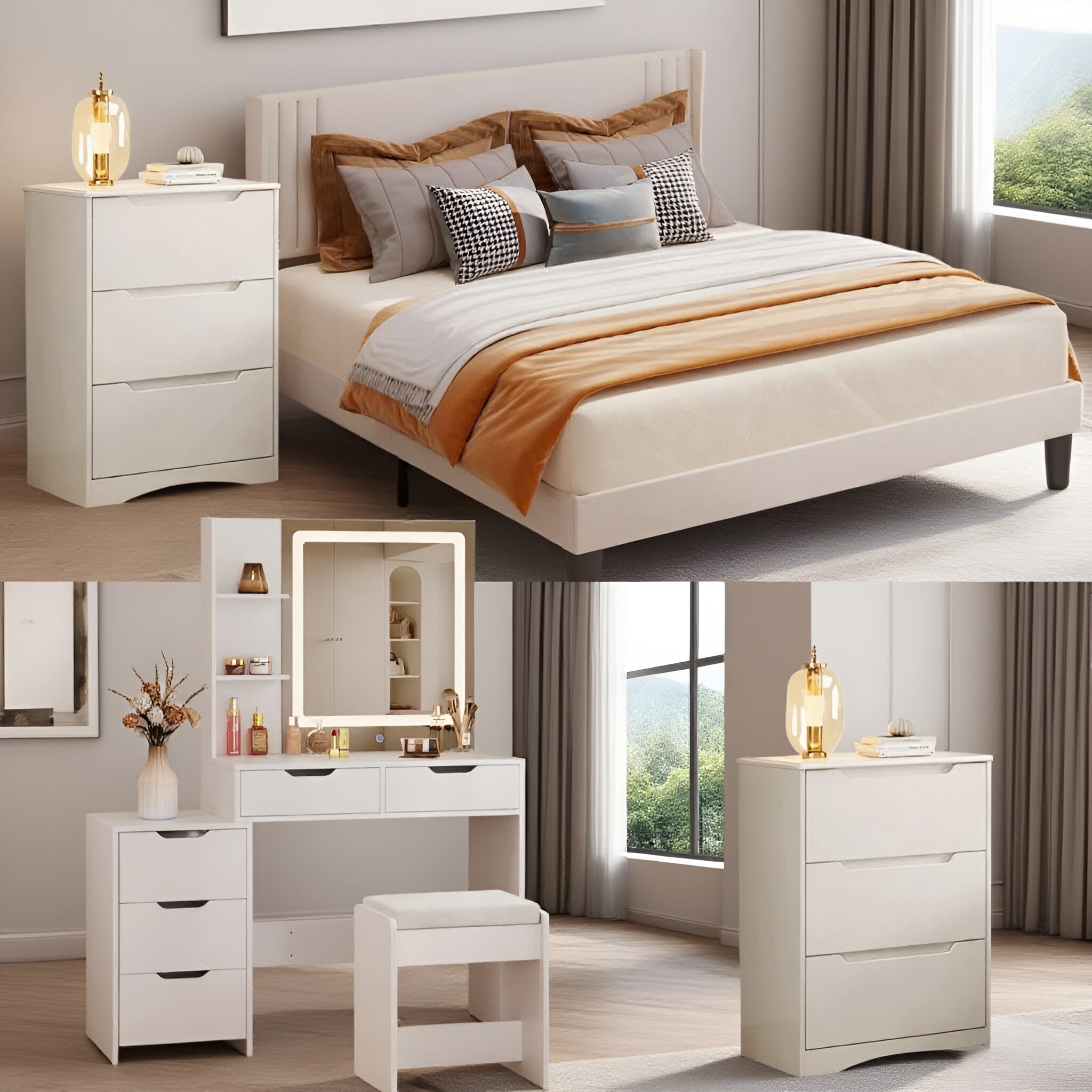 Bedroom Furniture Set,Lofka Queen Bed Frame, 2 Wood 3 Drawer Dressers ...