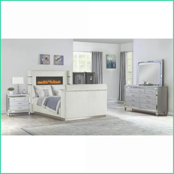 Bedroom Furniture Set Queen 4Pc Modern Beige Wood with Fireplace ...
