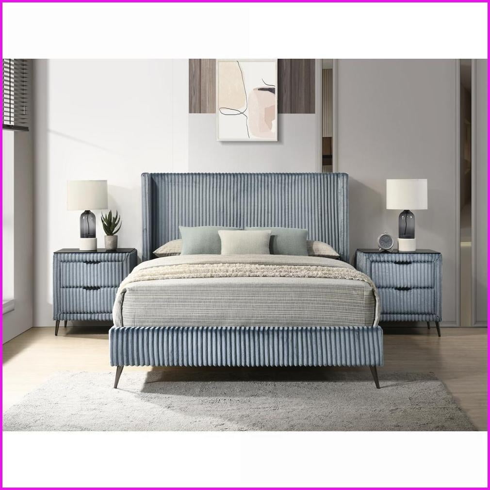 Bedroom Furniture Set Queen Wingback Bed with 2 Nightstands Blue Wide ...
