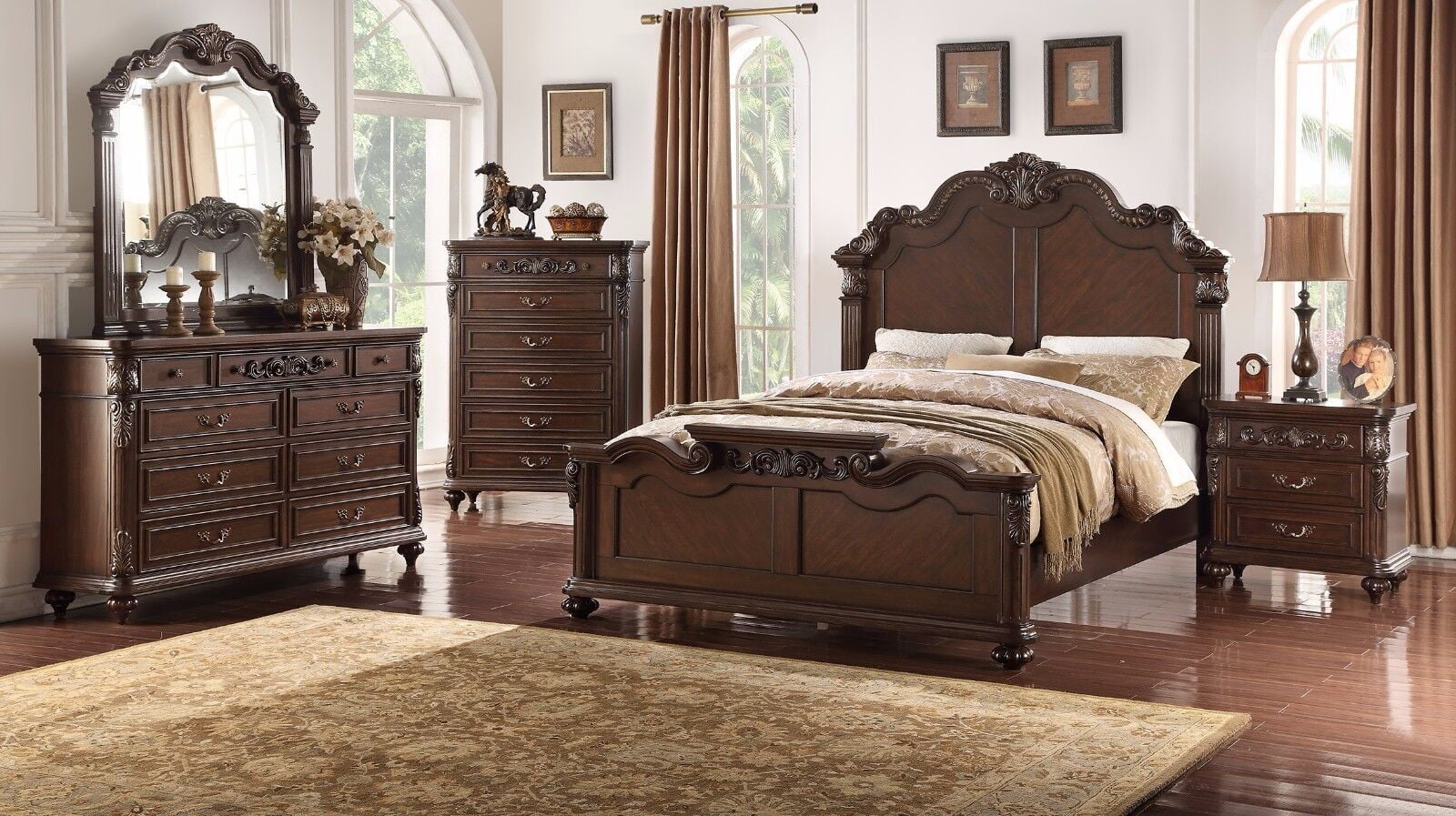 Bedroom Furniture Traditional Formal Queen Size Bed Dresser Mirror 2x ...