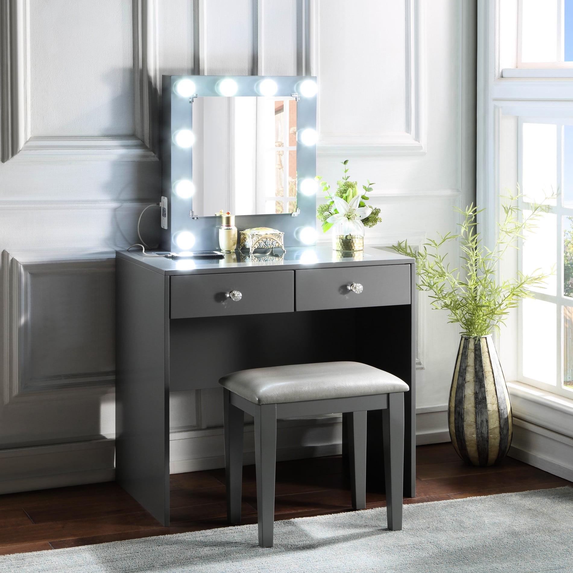 Bedroom Gray Makeup Vanity, 10 Lights, Port, Power Outlet, 2 Drawers ...