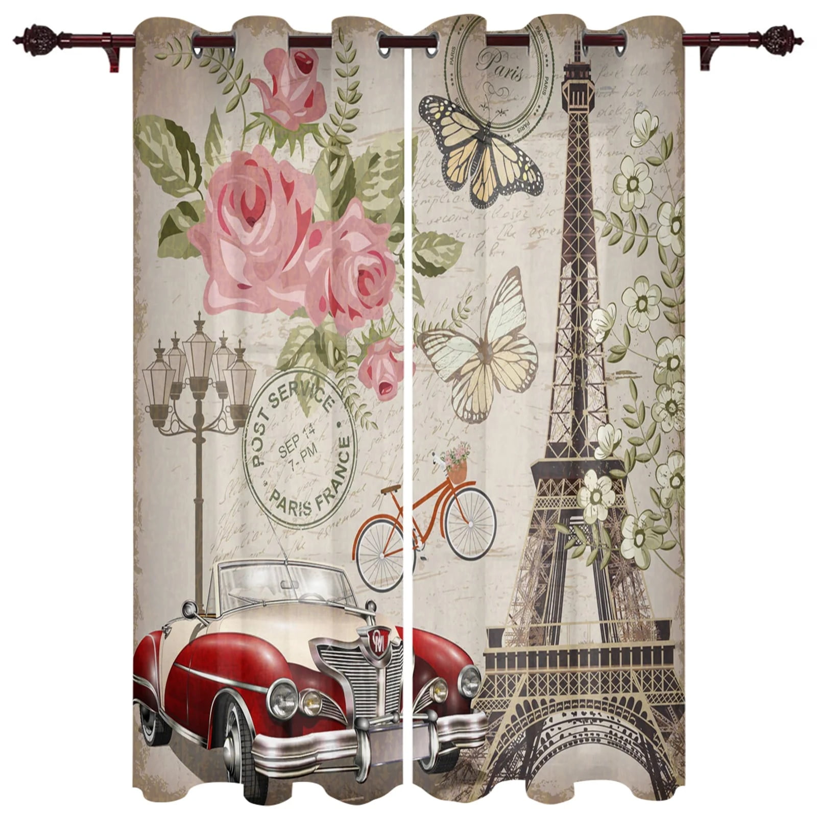 Bedroom Kitchen Curtains Red Vintage Car Paris Tower Street Curtain ...