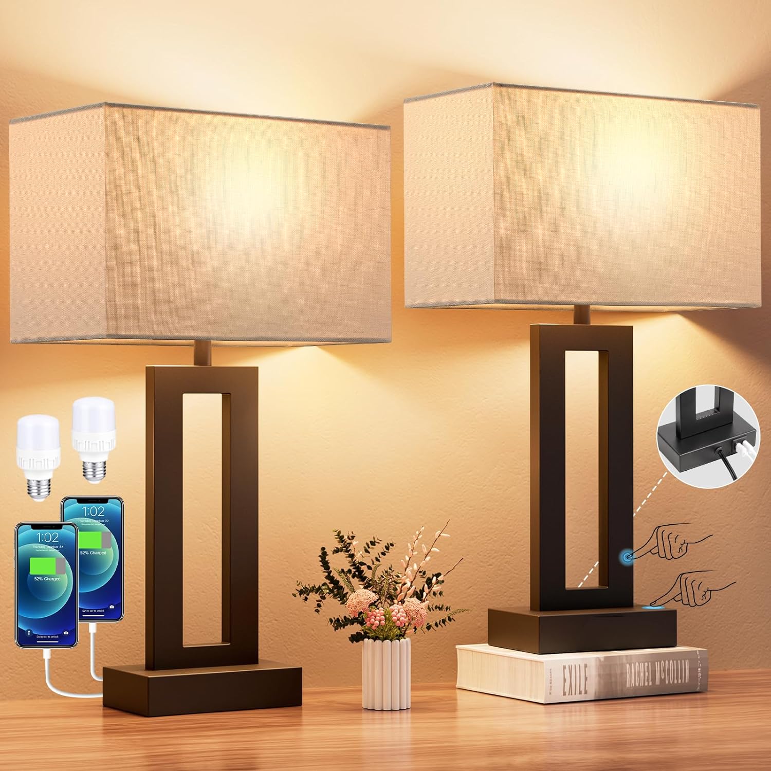 Bedroom Lamps for Night Stands - Touch Control, 3 Way Dimmable, USB C+A ...
