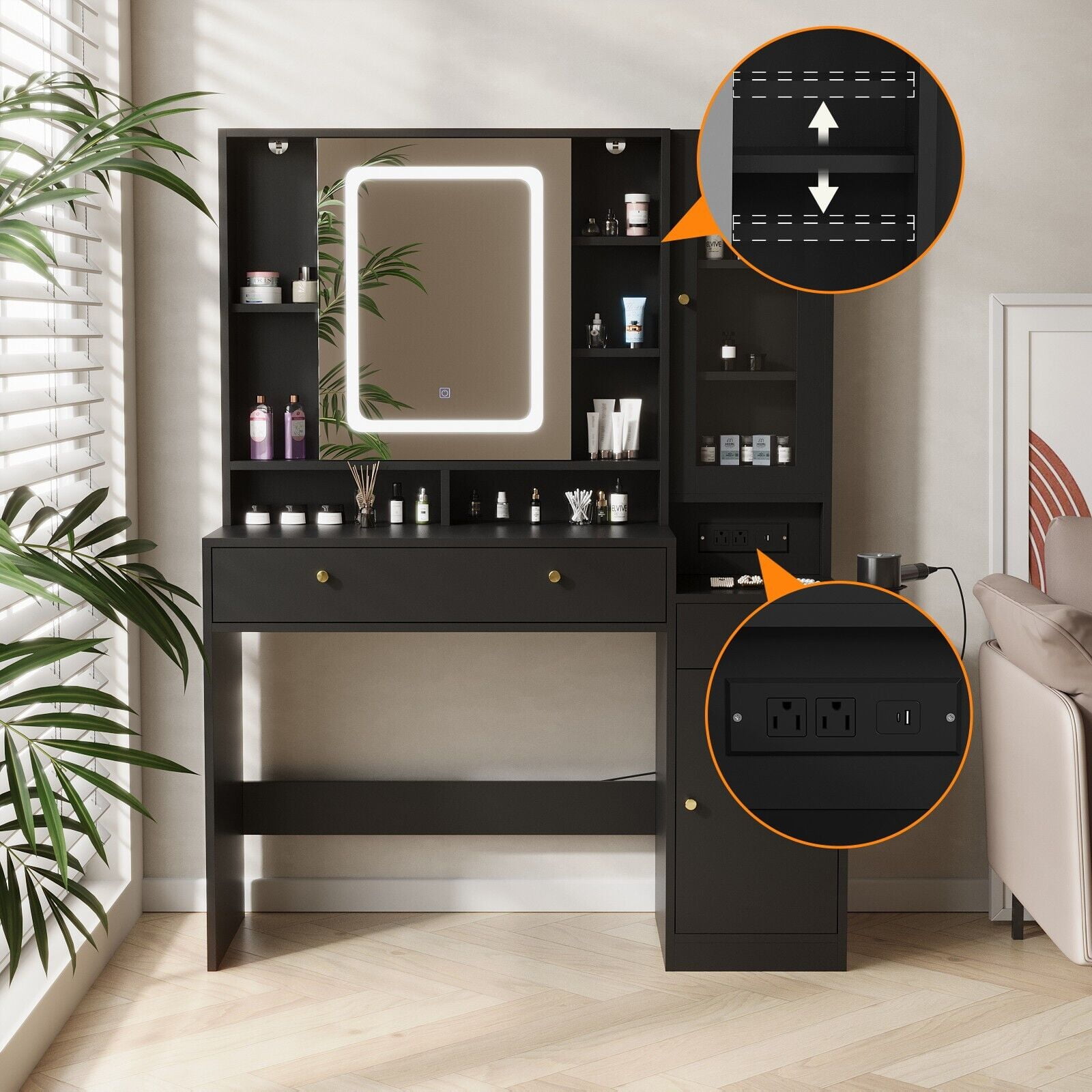 Bedroom Makeup Vanity Desk with Lighted Mirror 3 Drawers Dessing Table ...