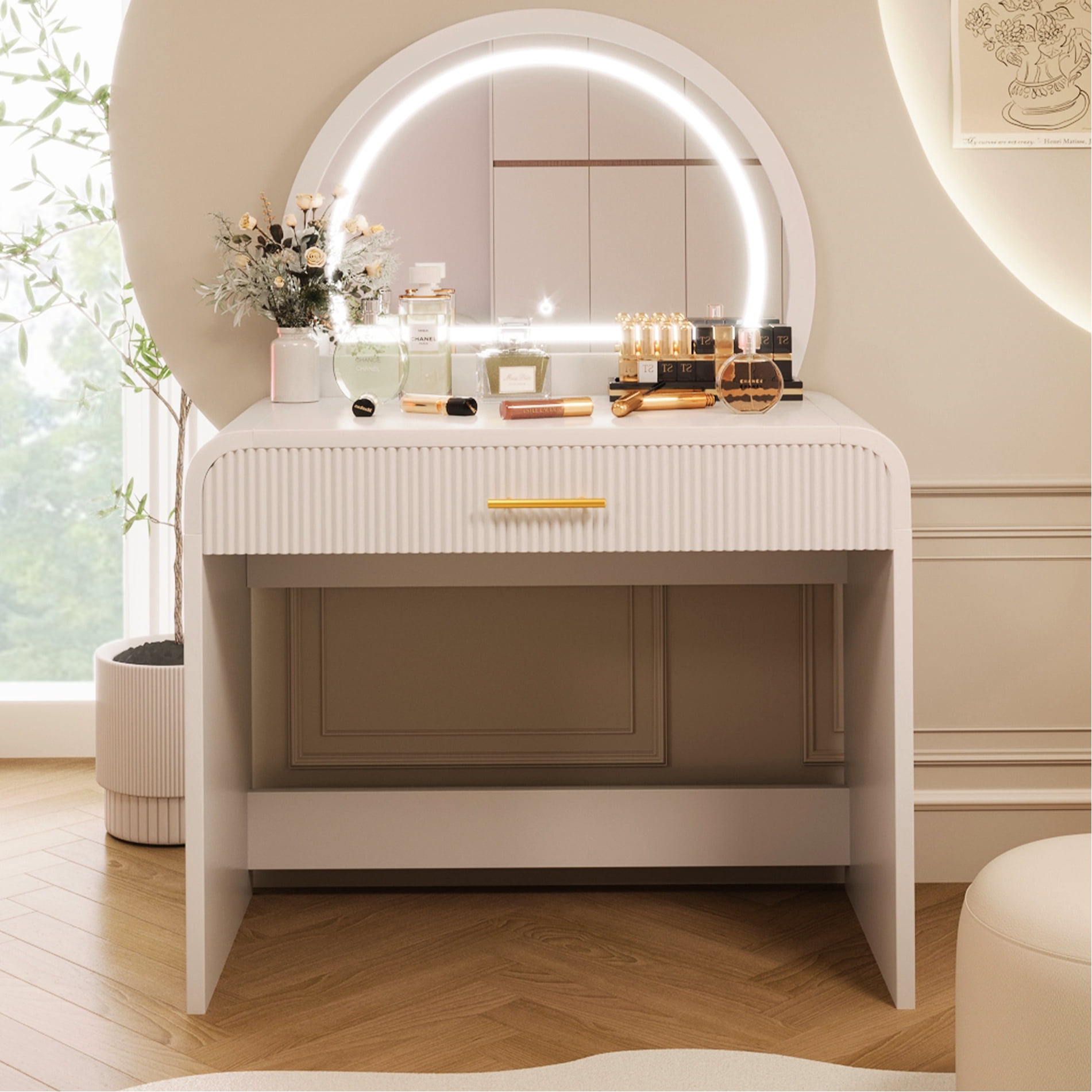 Bedroom Makeup Vanity Table, 39", White. Touch Screen Lighted Mirror ...