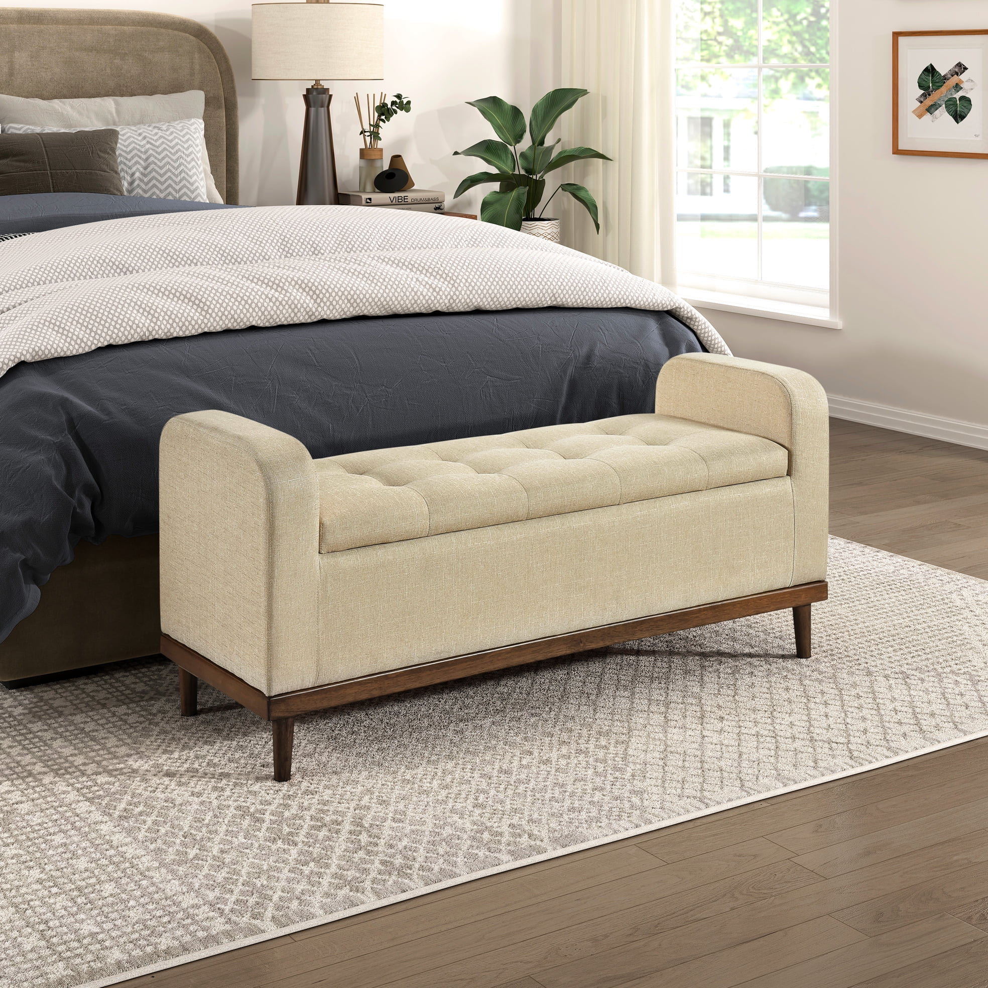 Bedroom Mid-century Modern Lift Top Bench, Brown Textured Upholstery ...