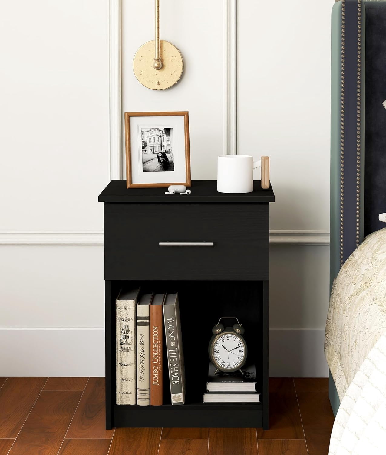 Bedroom Nightstand, Black Bedside Table with Drawer and Cubby Modern ...