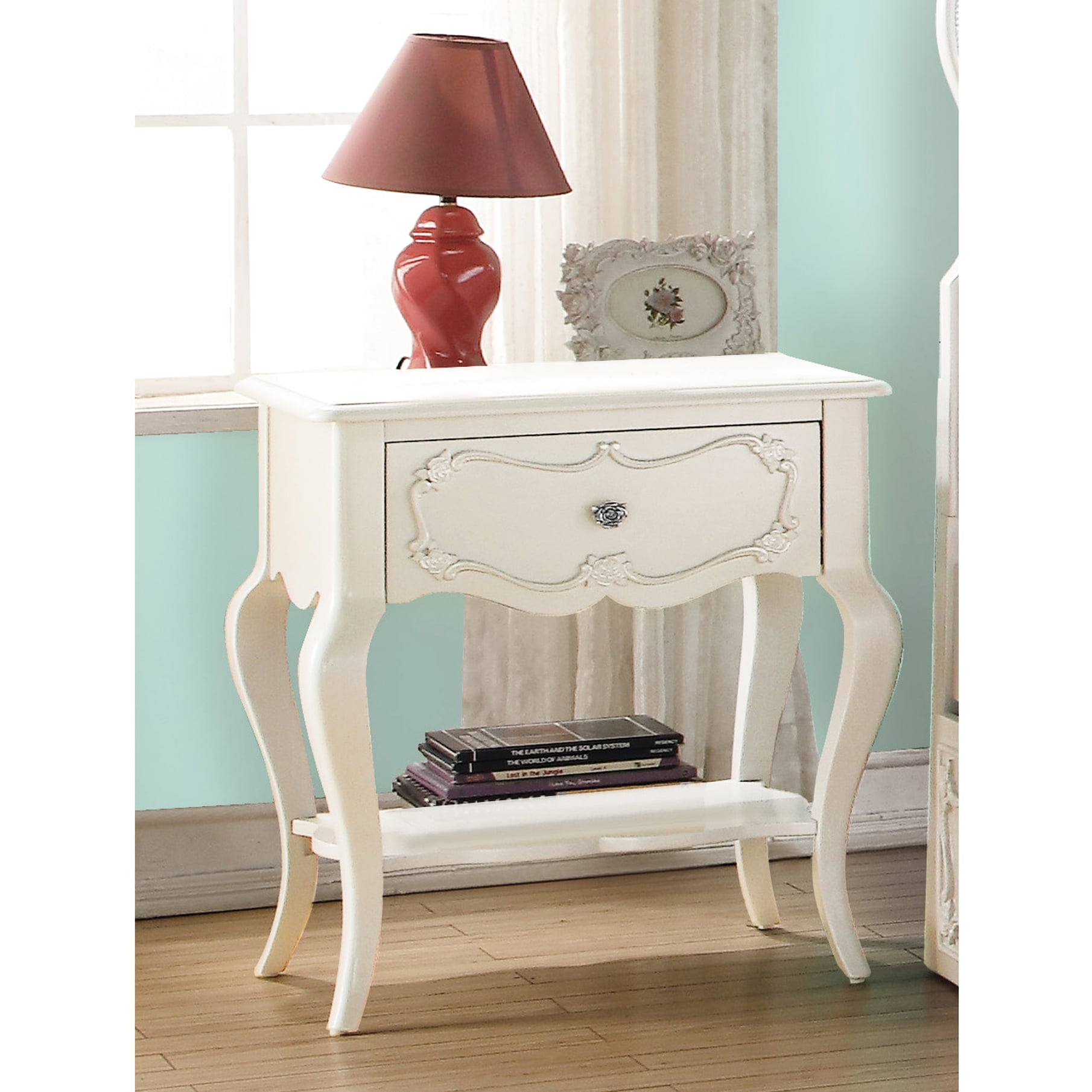 Bedroom Nightstand In Pearl White - 1 Drawer And Shelf, Pine, Scalloped ...