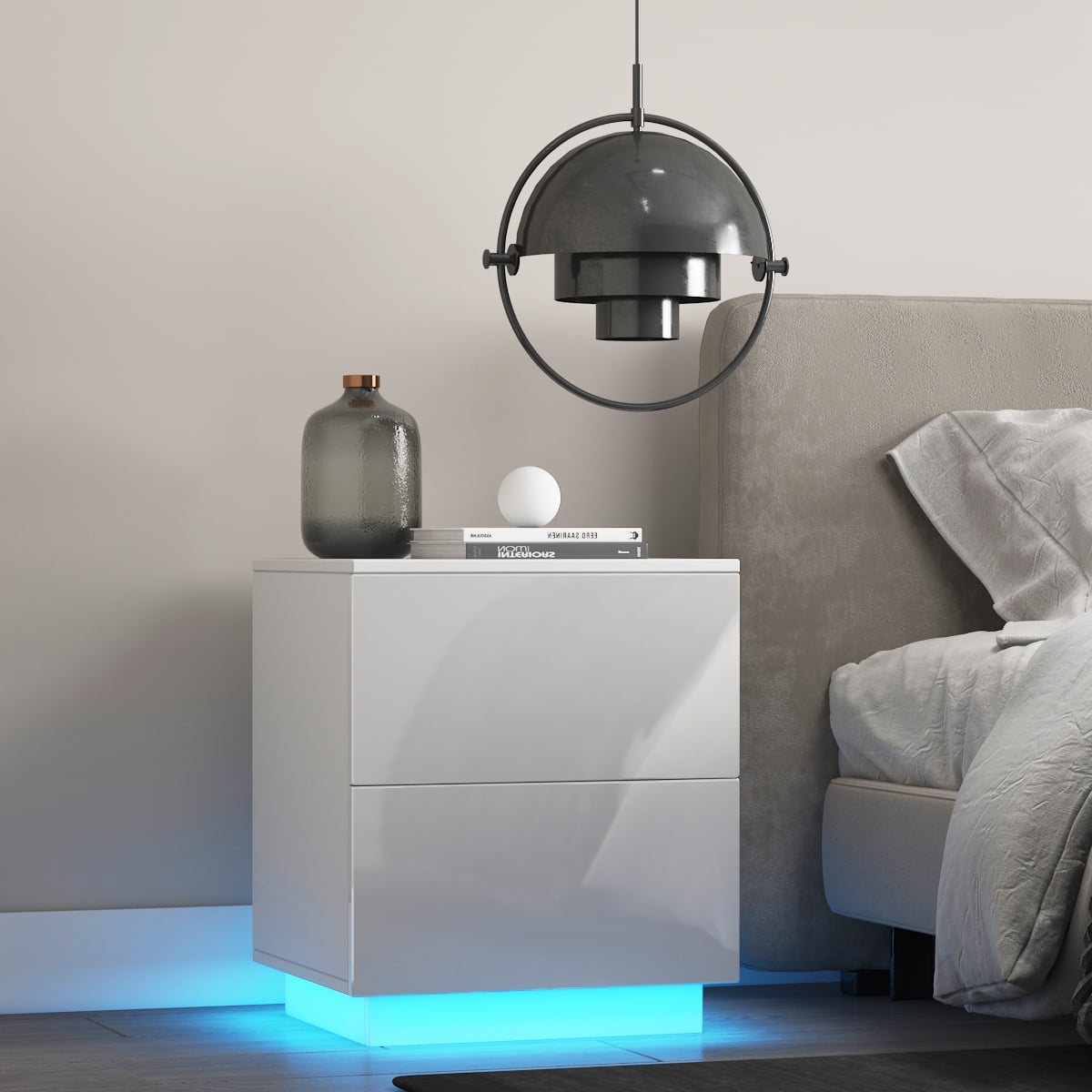 Hommpa Bedroom Nightstand with Control LED Backlight, High Gloss Wooden ...