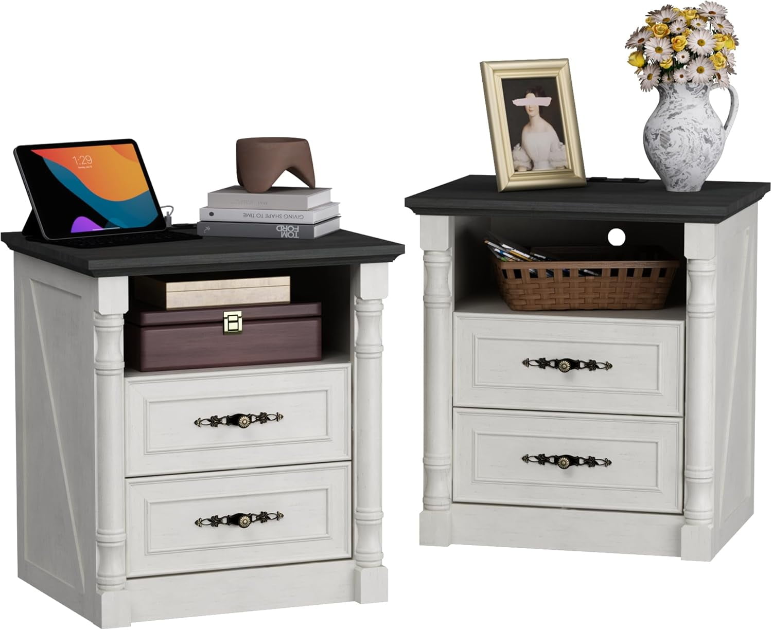 Bedroom Nightstands Set of 2, Farmhouse Vintage Night Stand with ...