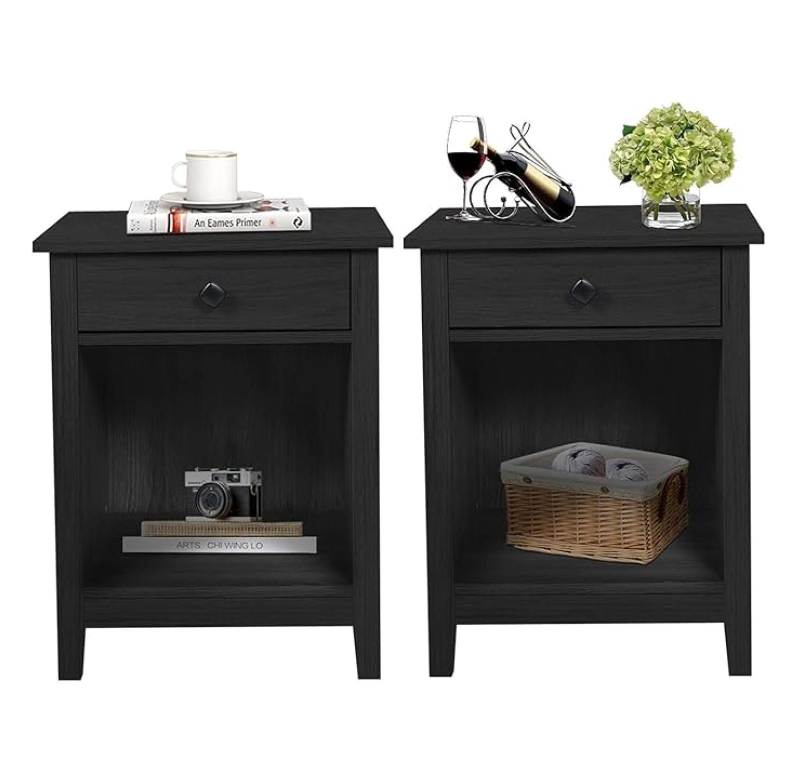 Bedroom Nightstands - Set of 2 Wood Night Stands with Drawers, Black ...