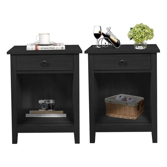 Bedroom Nightstands - Set of 2 Wood Night Stands with Drawers, Black ...