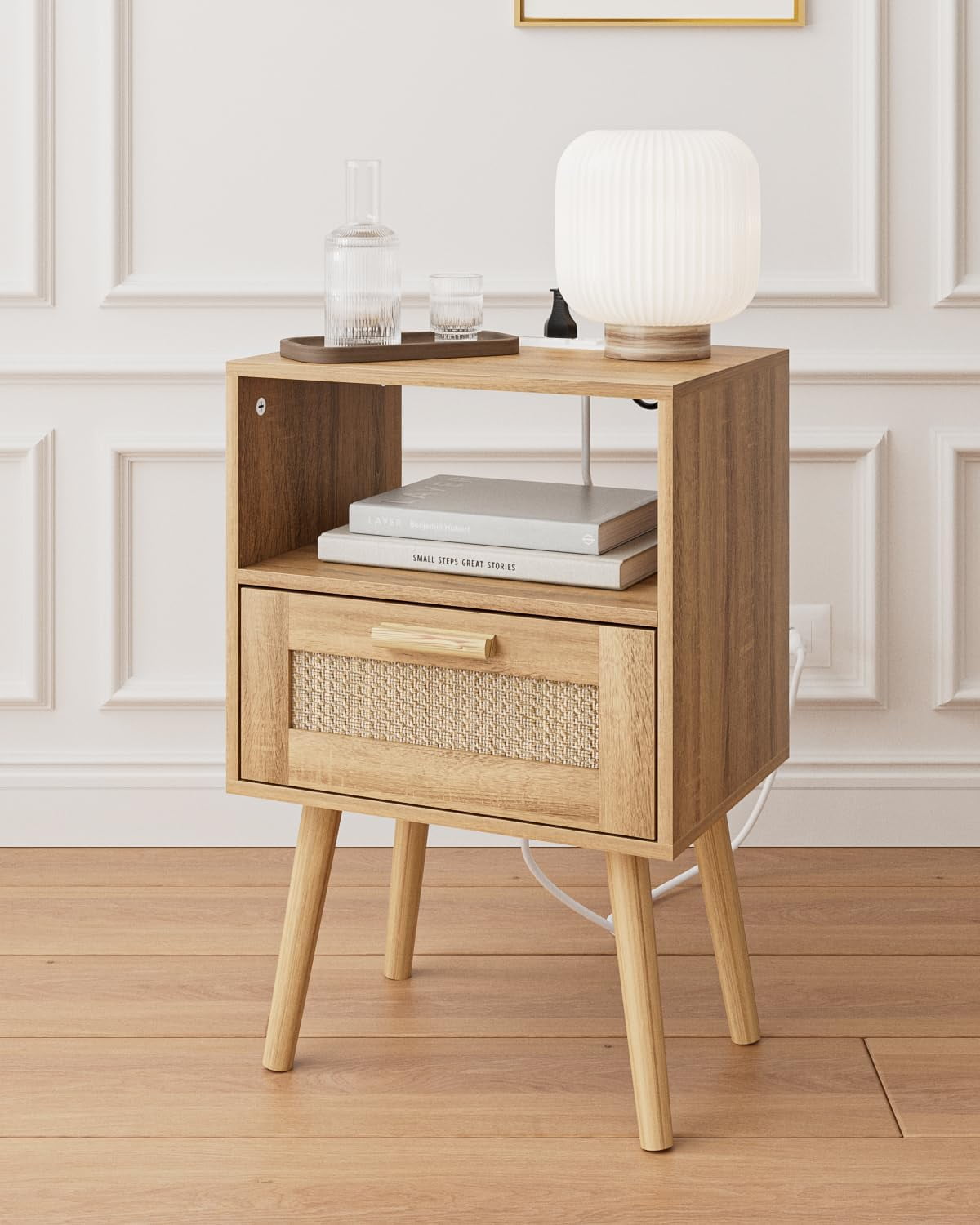 Bedroom Nightstands Wooden Night Stands with Rattan Weaving Drawer Home ...