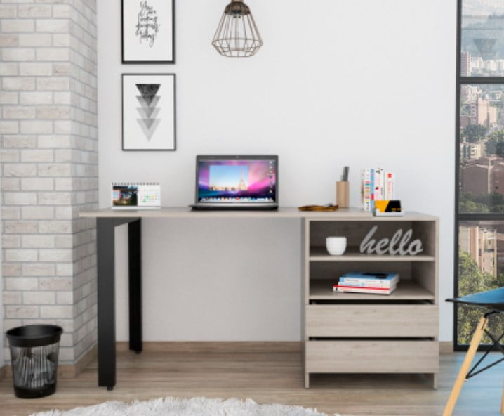 Bedroom Office Desk, Rectangular Wooden Computer Desk with 2 Drawers ...