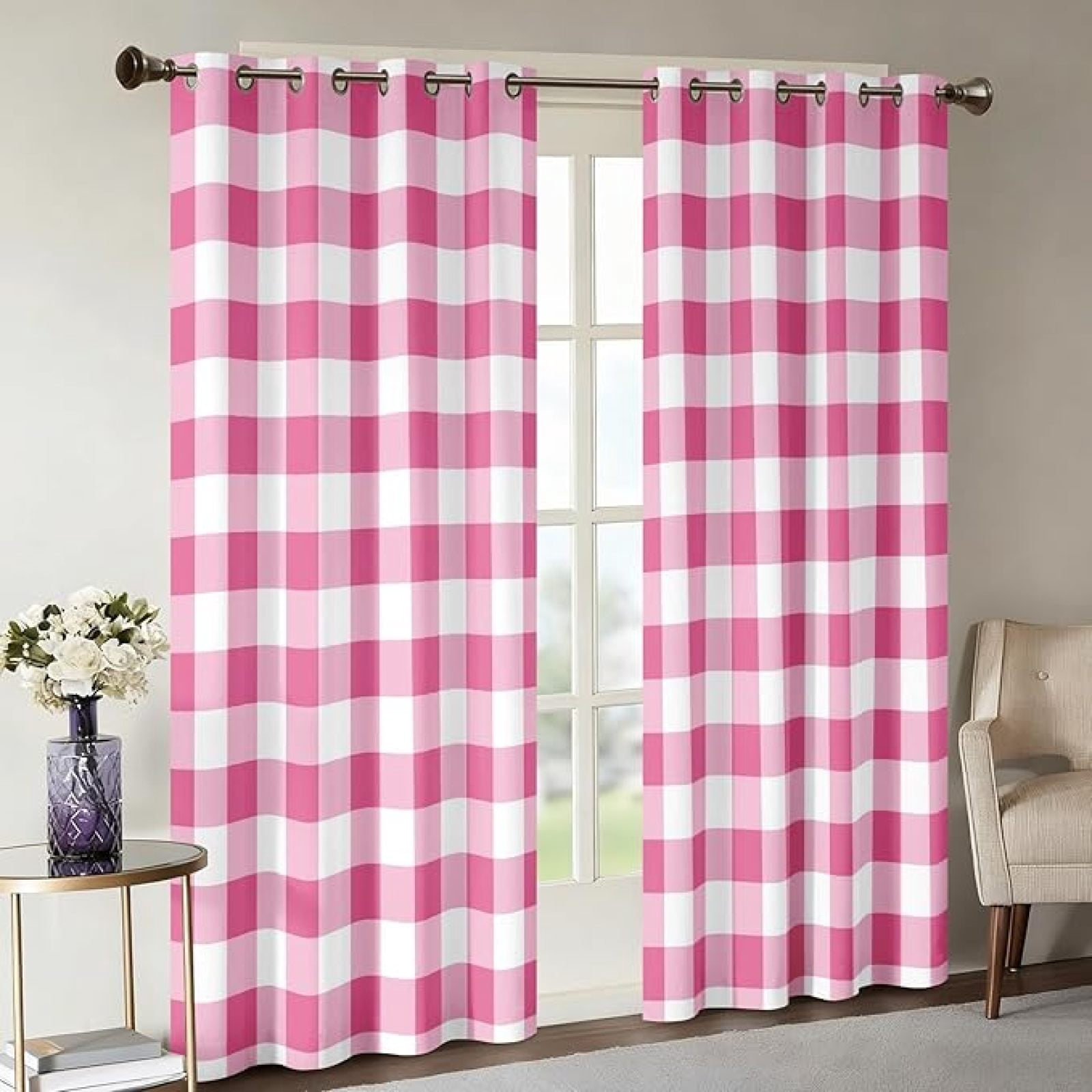 Bedroom Pink White Plaid Curtains, Home Decor Country Buffalo Check ...