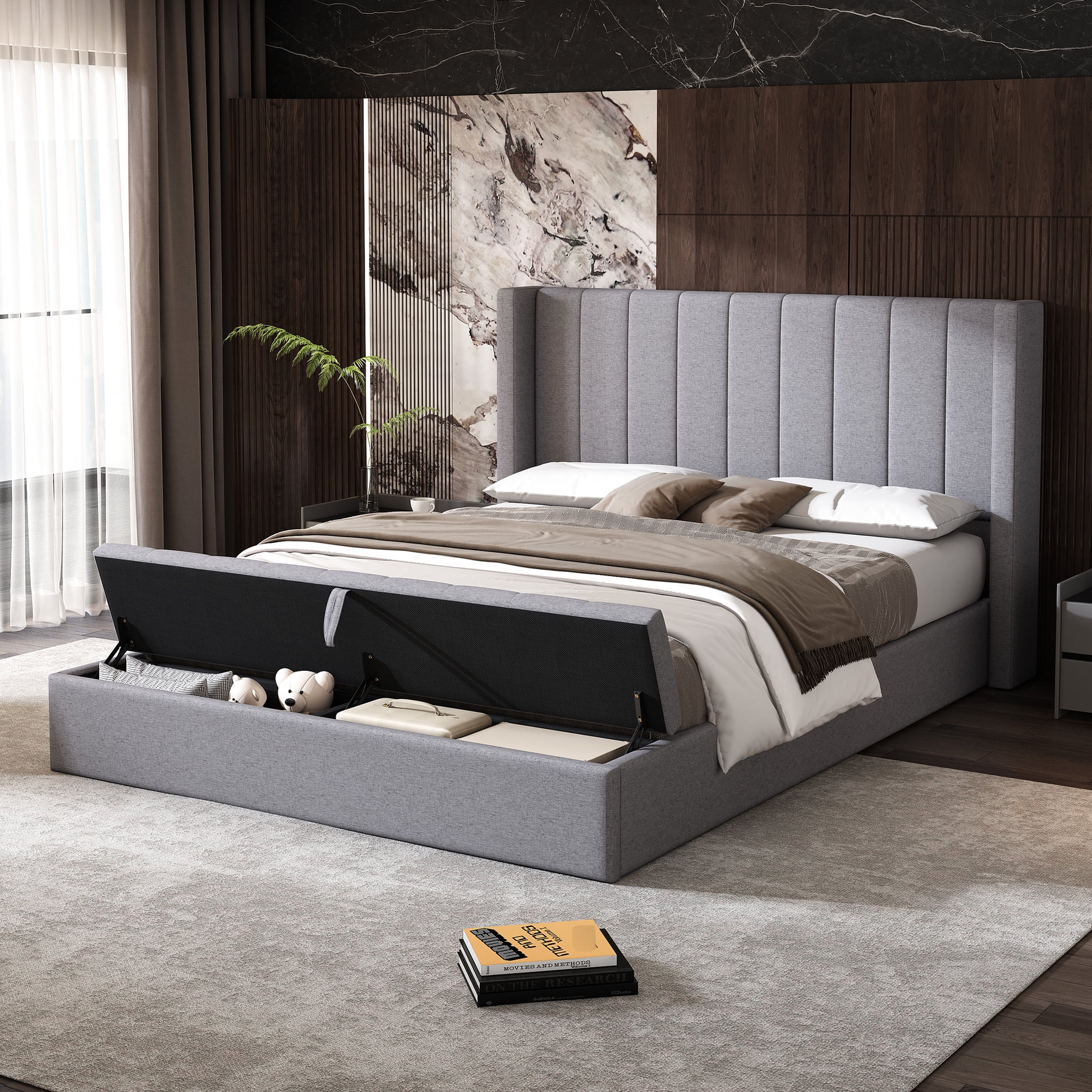 Bedroom Platform Bed With Headboard & Storage, Grey - Construction For ...